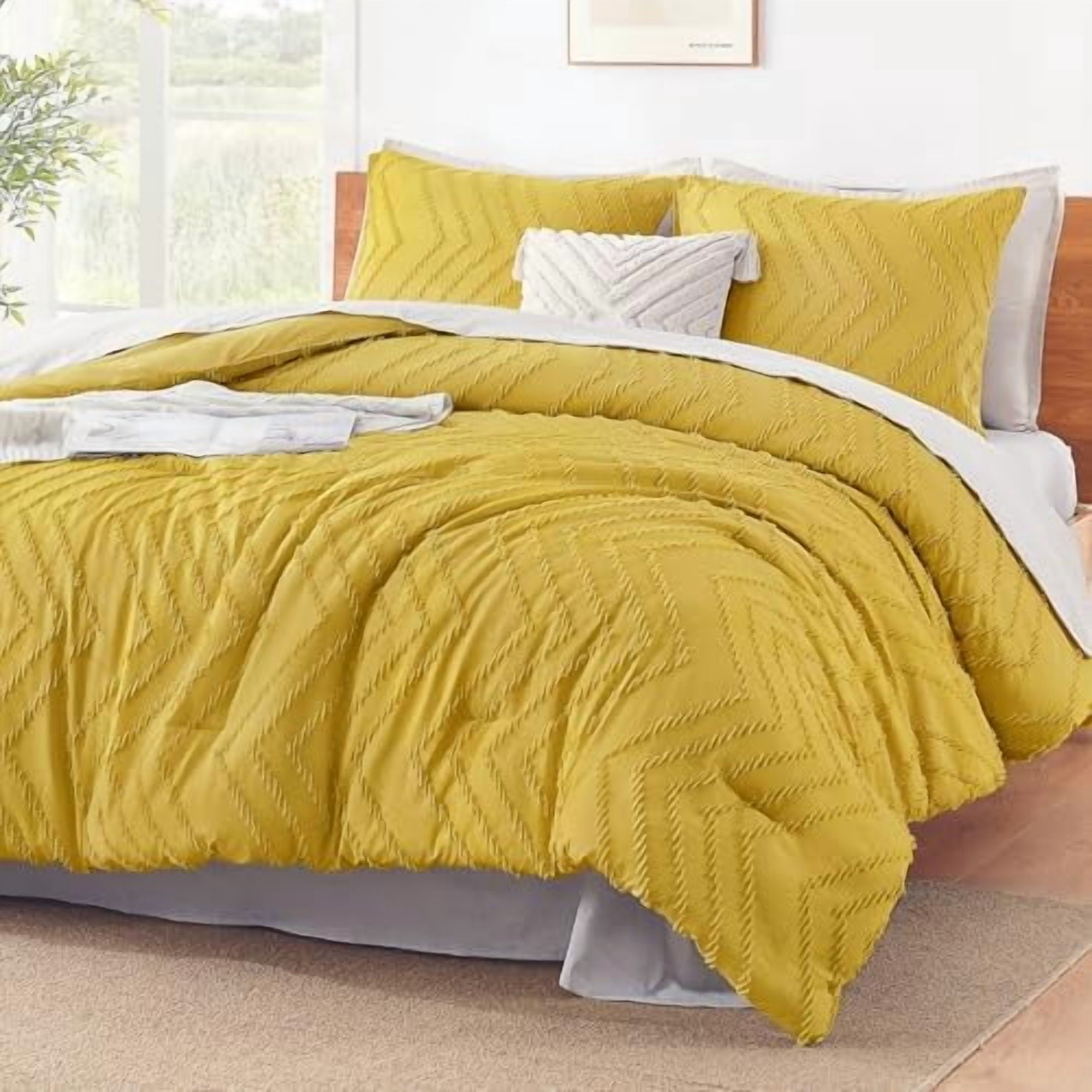 Mustard Yellow Queen Size Comforter Sets, 3 Pieces Lightweight Chevron ...