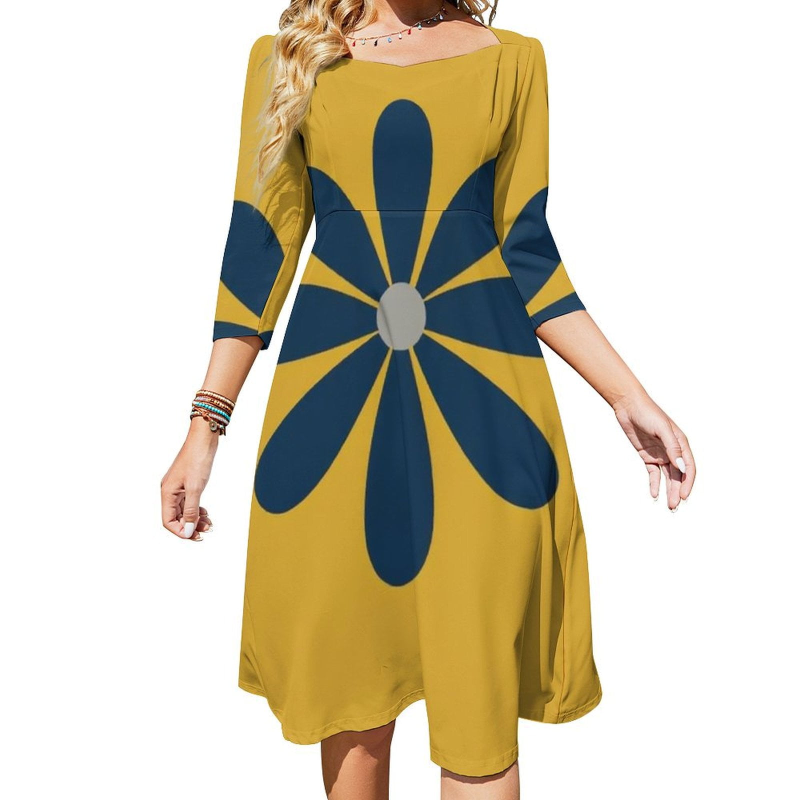 Mustard Yellow Simple Blue Flower Womens Summer Dress Tie Back A Line ...