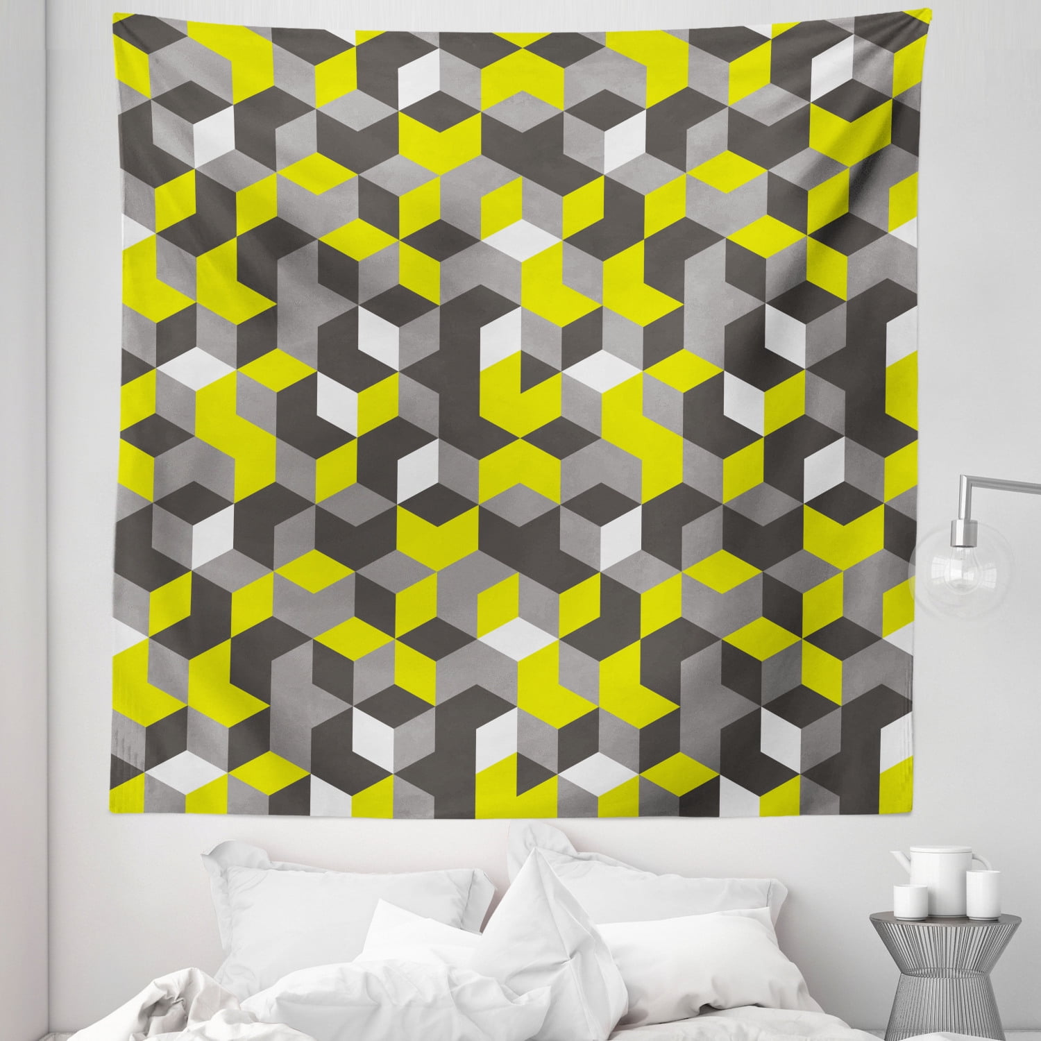 Mustard Yellow Tapestry, 3D Print Inspired Modern Geometrical Boxes ...