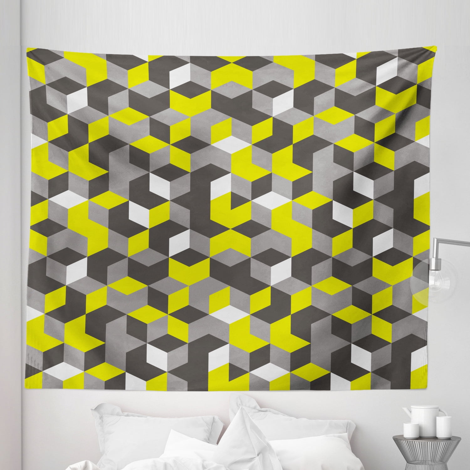 Mustard Yellow Tapestry, 3D Print Inspired Modern Geometrical Boxes ...