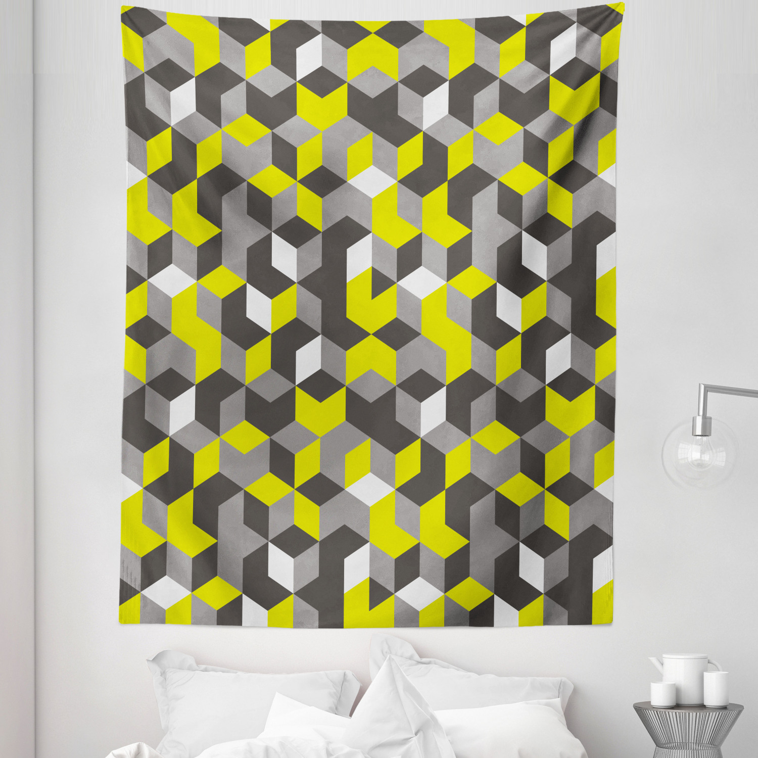 Mustard Yellow Tapestry, 3D Print Inspired Modern Geometrical Boxes ...