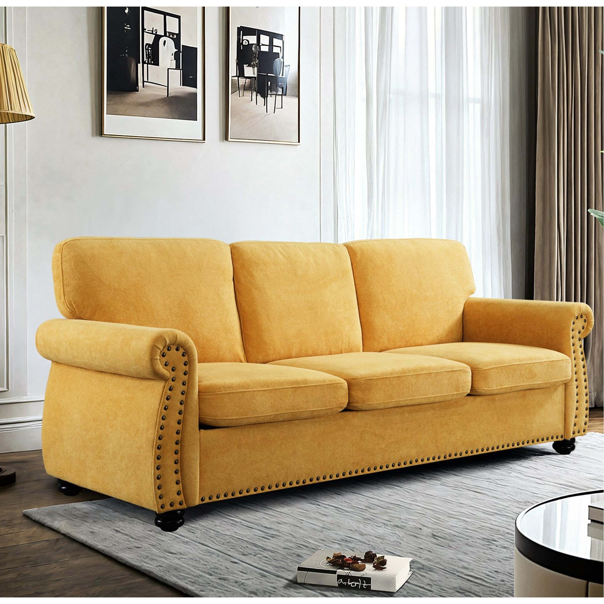 Mustard Yellow Velvet Couch For 3 Seats, Foam Cushions, Solid Wood Legs ...