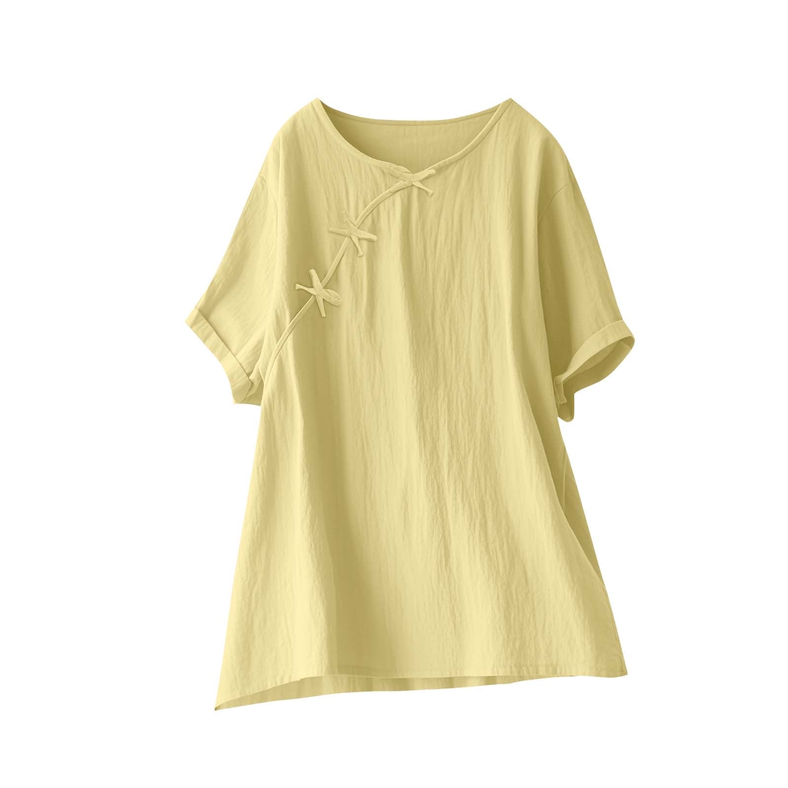 Mustard Yellow Women Bow Tie Basic Tshirts Loose Fit Long Tops Tee for ...