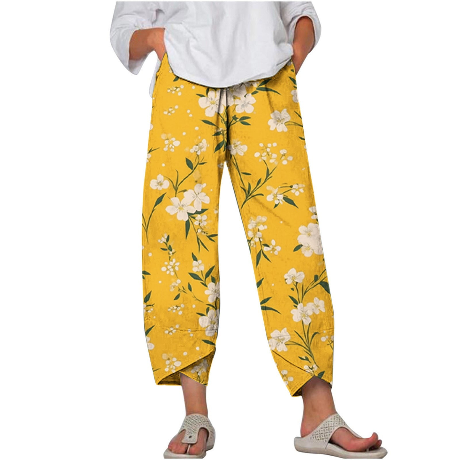 Mustard Yellow Women Daisy Floral Graphic Loose Fit Pants for Women ...