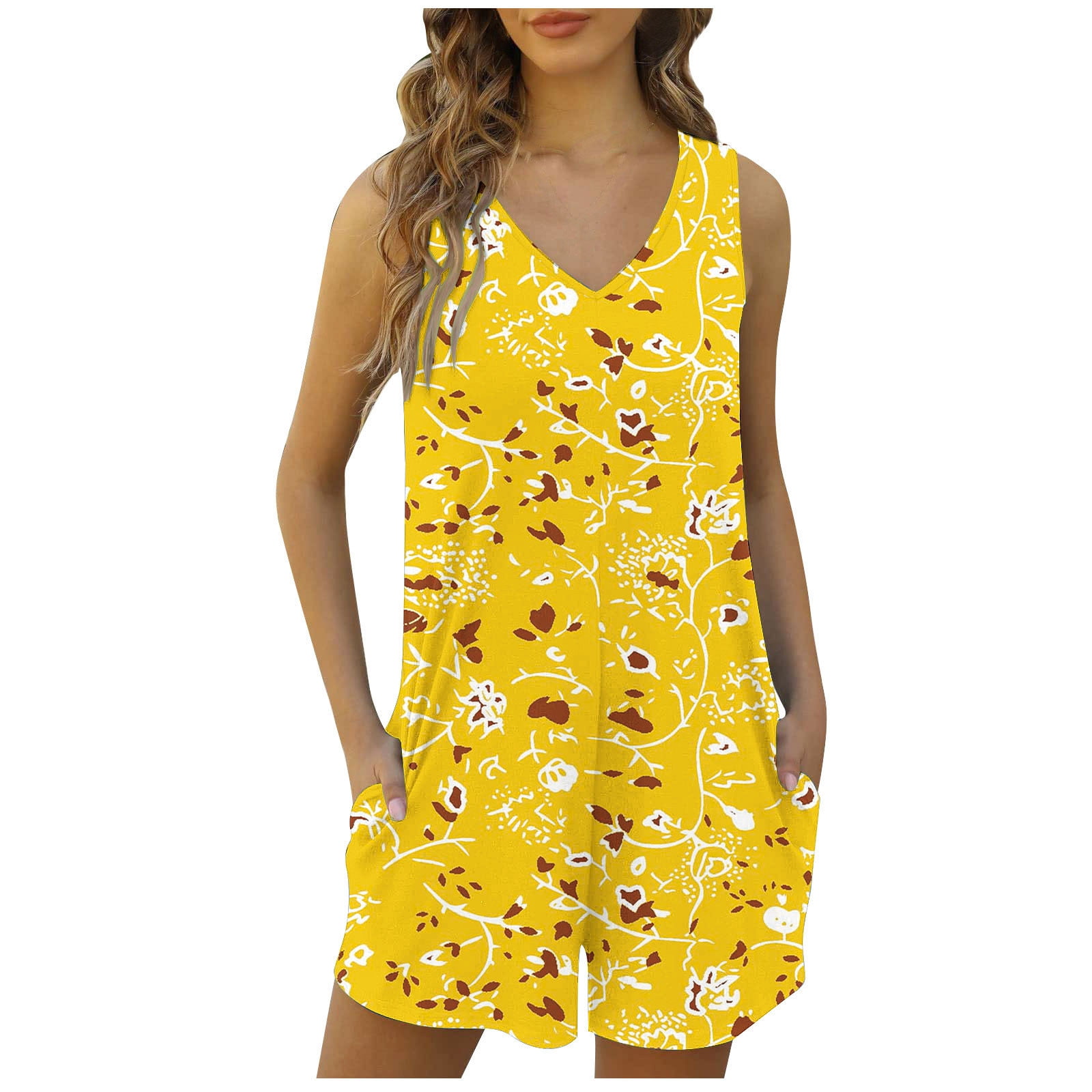 Mustard Yellow Women Overalls Shortalls Vine Flower Graphic Loose Fit ...