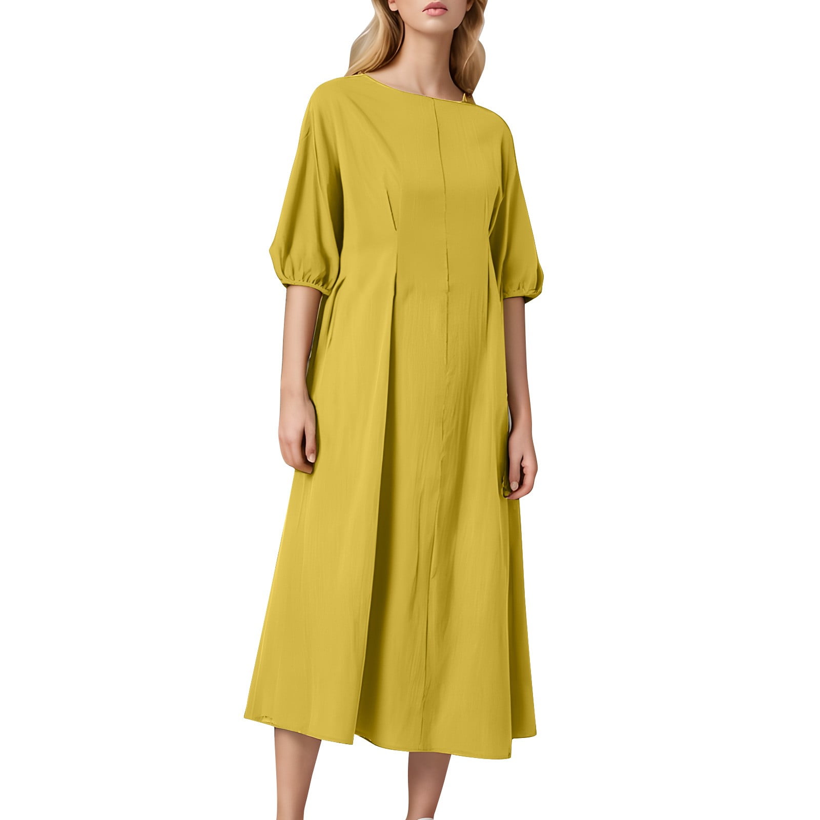 Mustard Yellow Women Puff Sleeve Dresses Loose Fit Long Dresses for ...