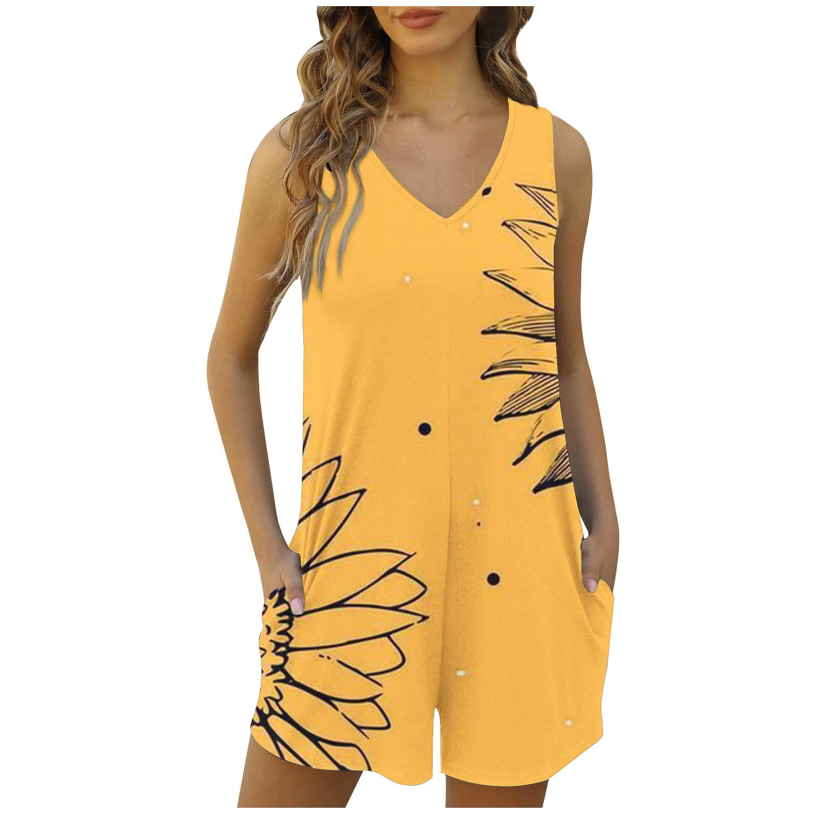 Mustard Yellow Women Straight Leg Overalls Shortalls Sunflower Floral ...