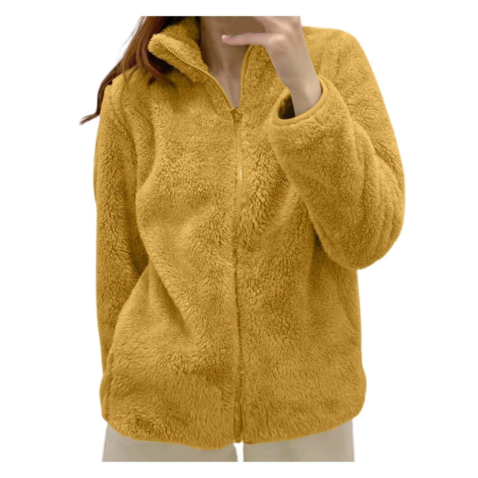 Mustard Yellow Women Thermal Fuzzy Hooded Plain Jackets Outfits ...
