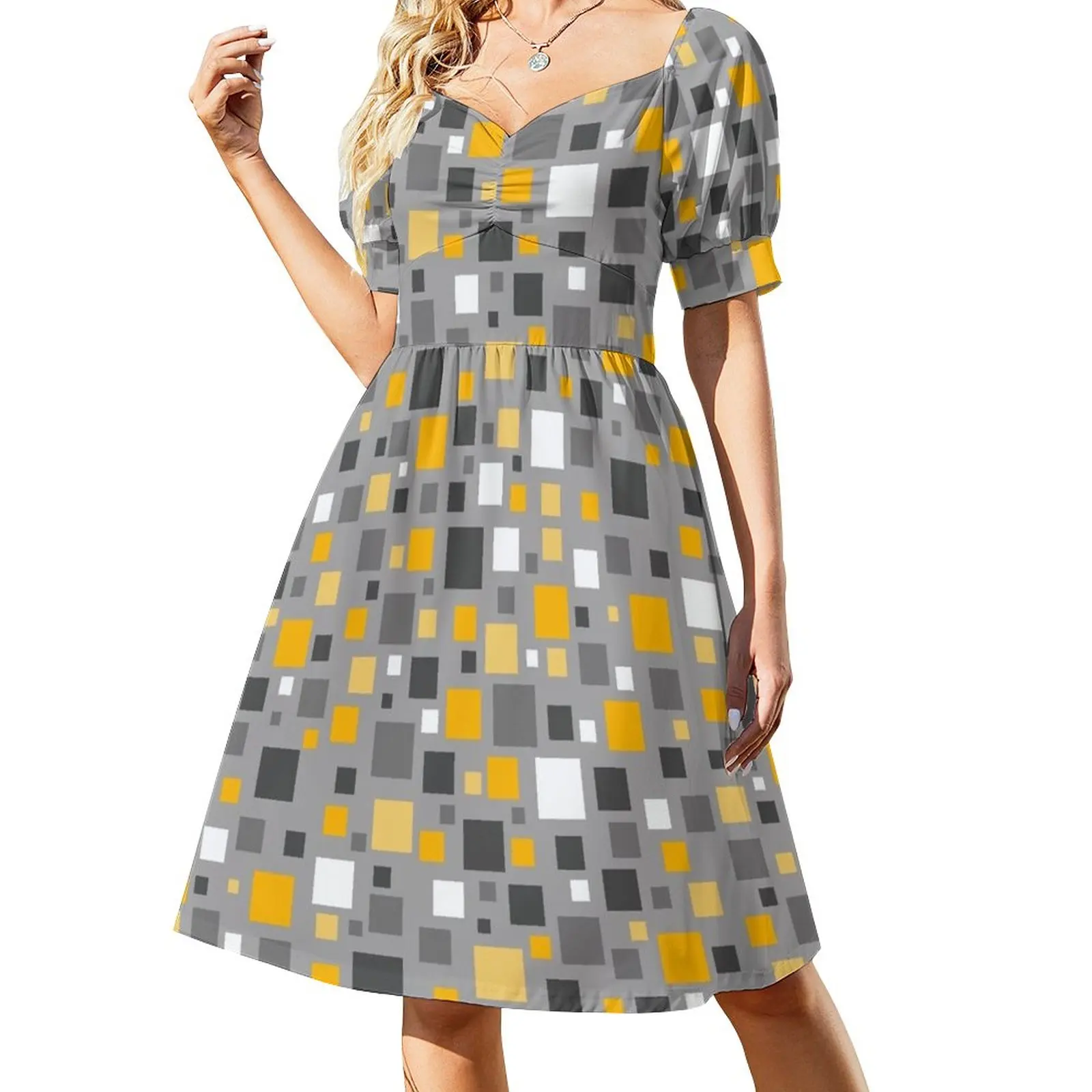 Mustard Yellow and Grey Squares Pixel Polka Dot Sleeveless Dress women ...
