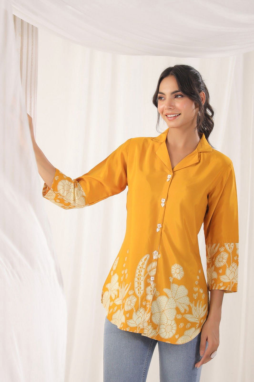 Mustard bold floral printed fake shell buttons top in Russian silk ...
