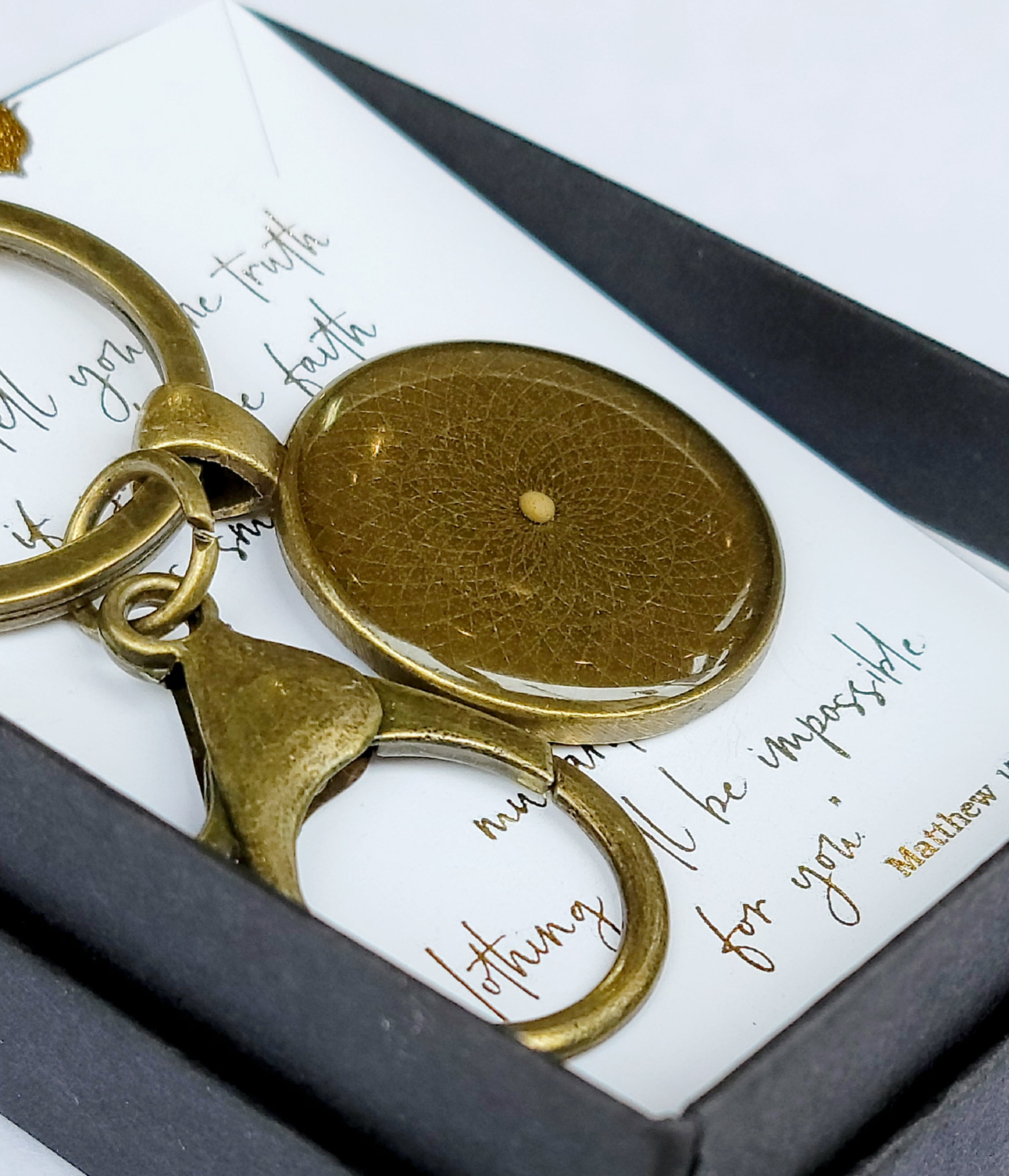 Mustard seed keychain,large 25mm hand made bronze bezel, gift wrapped ...