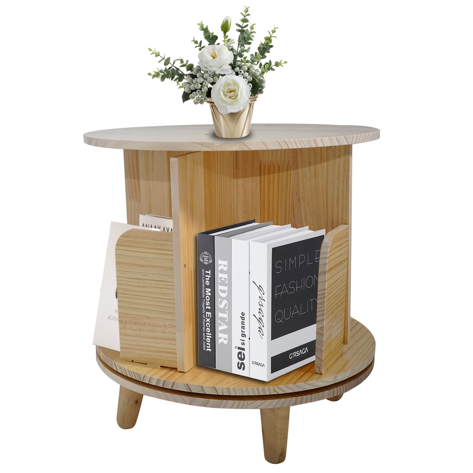 Mustrod 1 Tier Rotating Bookshelf Solid Wood 360° Spinning Bookshelf ...