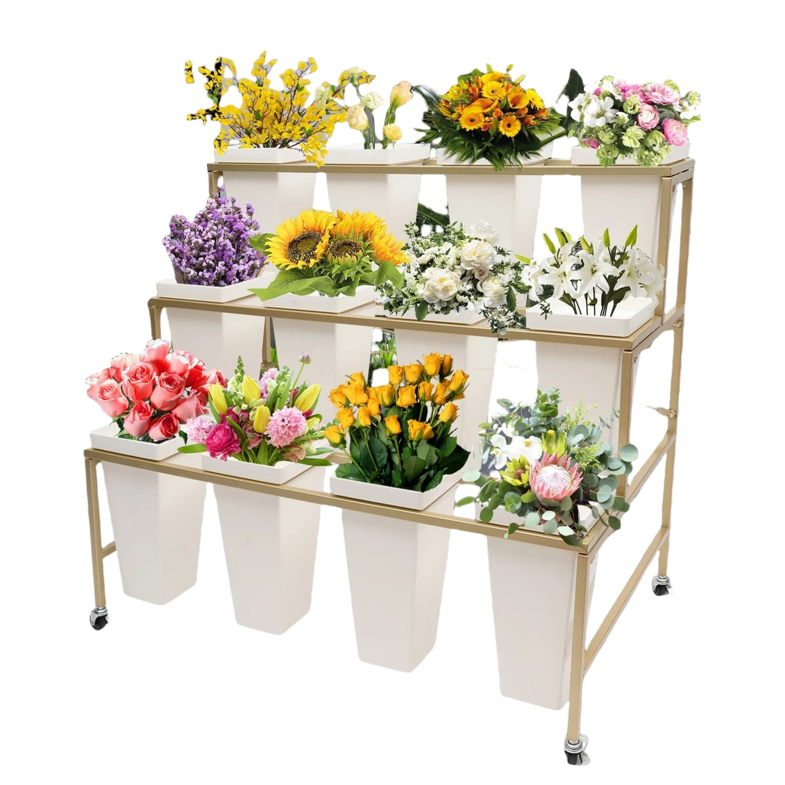 Mustrod 3-Layer Moving Plant Shelf Flower Display Stand Metal Florist ...