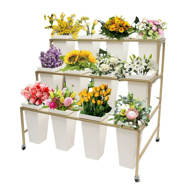 Mustrod 3-Layer Moving Plant Shelf Flower Display Stand Metal Florist ...