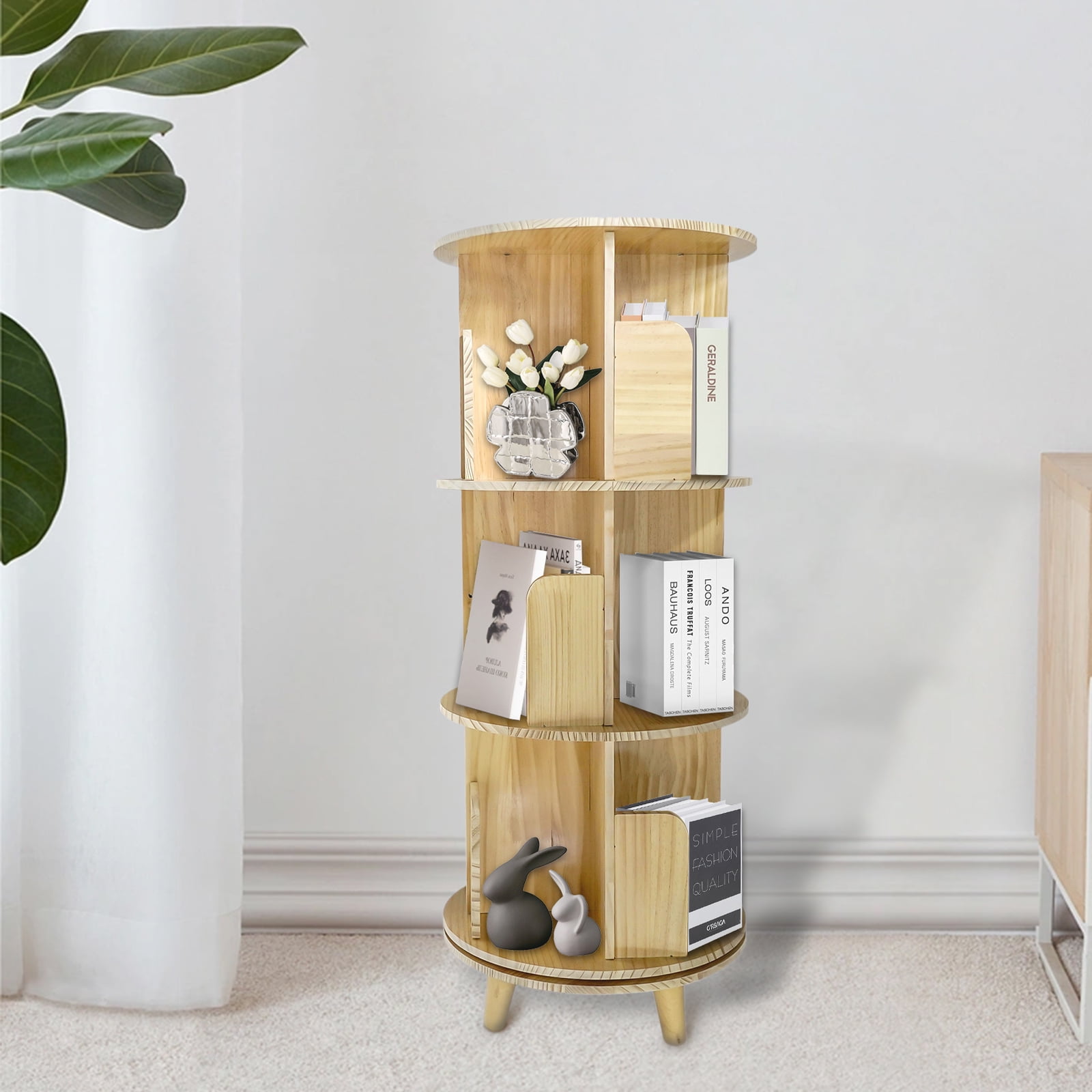 Mustrod 3 Tier Rotating Bookshelf Solid Wood 360° Spinning Bookshelf ...