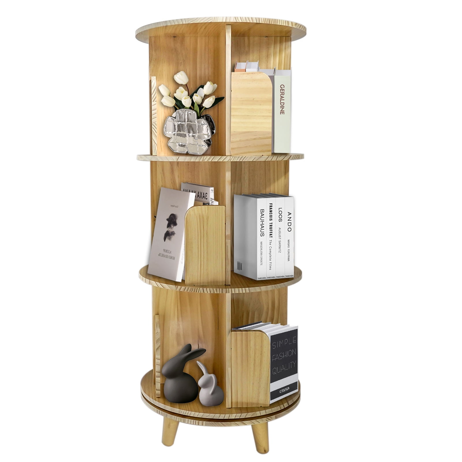 Mustrod 3 Tier Rotating Bookshelf Solid Wood 360° Spinning Bookshelf ...