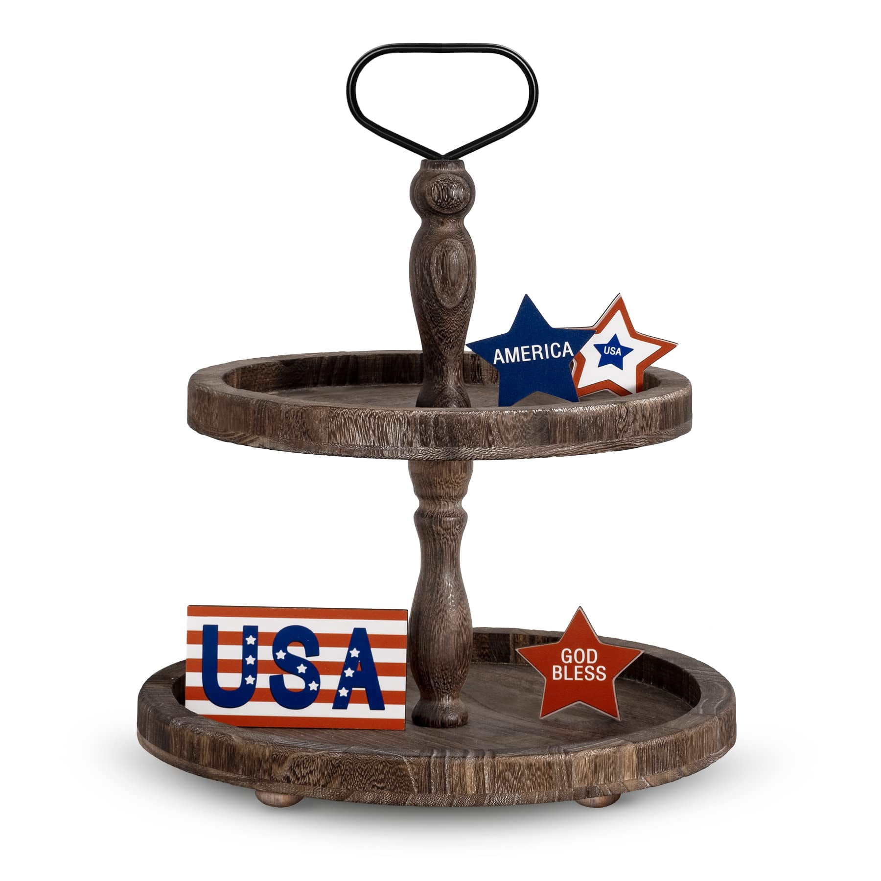 Mustry Rustic Wooden 2 Tiered Tray, Round Farmhouse Kitchen Table Decor ...