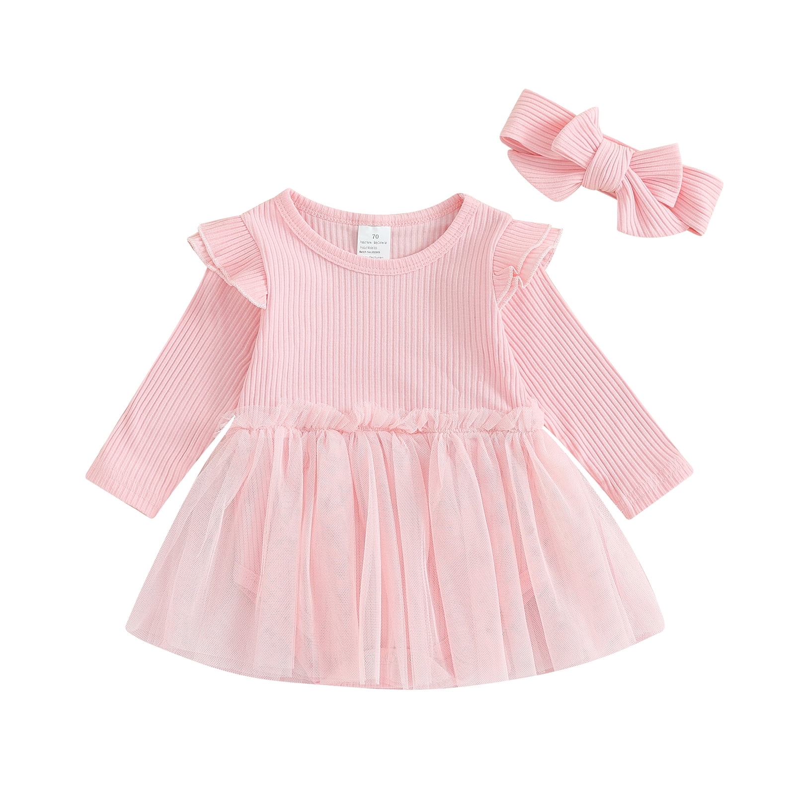Musuos Baby Girl Long Sleeve Rompers Dress 6 12 18 24M Ribbed Tulle Round Neck Bodysuit with ...