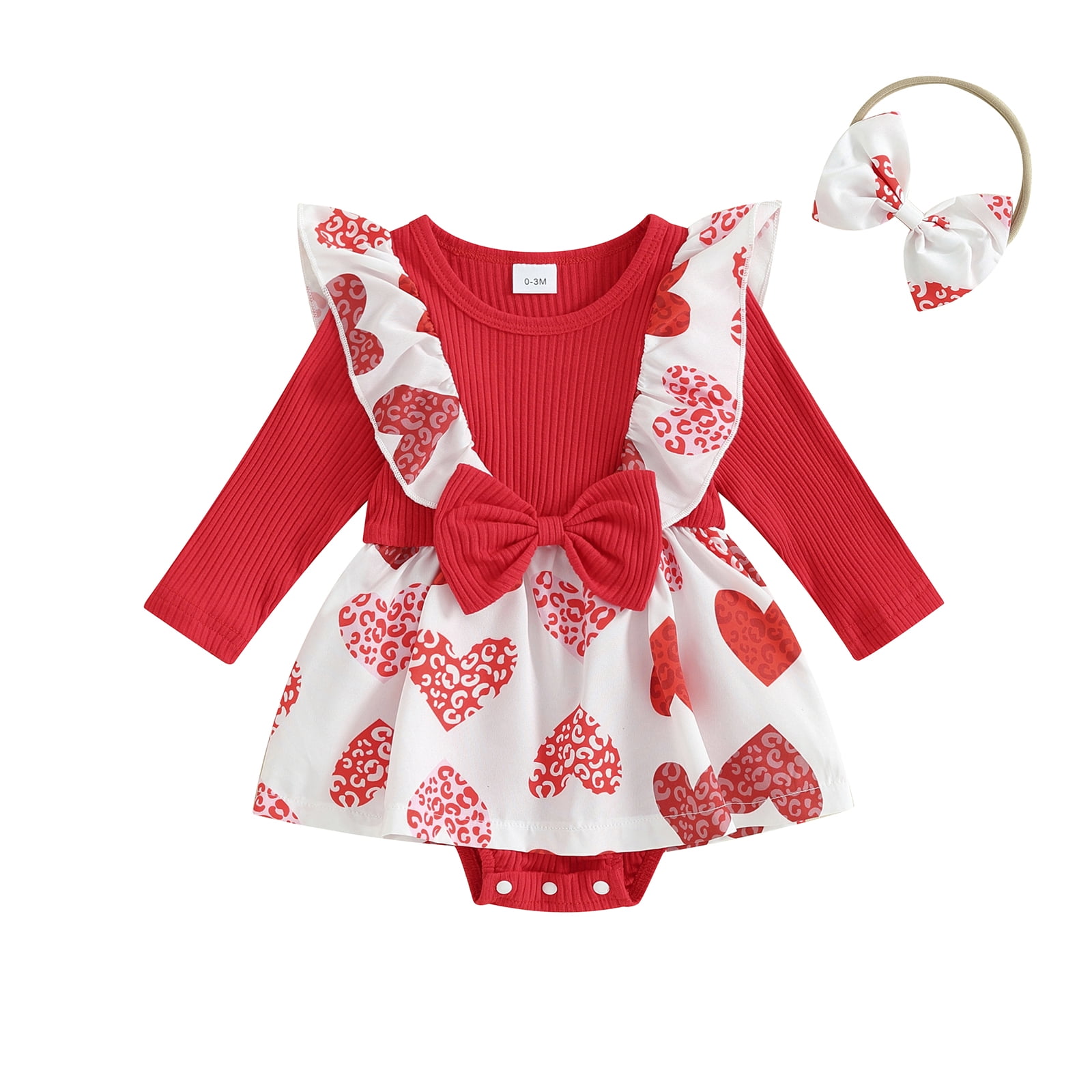 Musuos Infant Girls Valentine´s Day Romper Dress 3 6 12 18M Heart Print Long Sleeve Ruffled ...