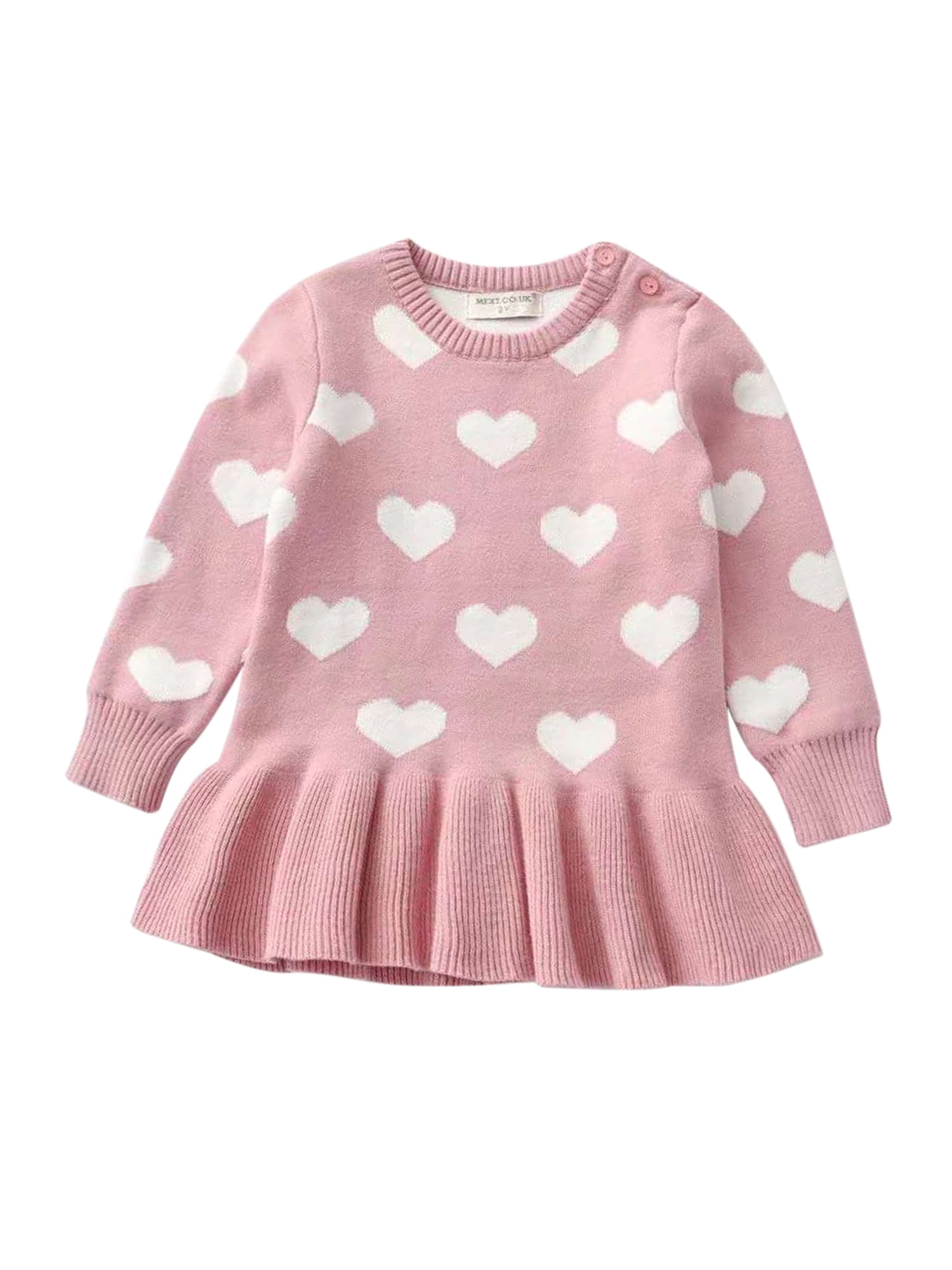 Musuos Toddler Girls Knit Sweater Dress Love Heart Pint Princess Ruffle ...
