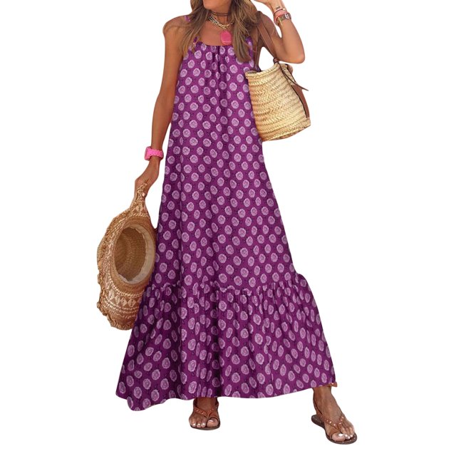 Musuos Women Boho Sleeveless Dress Print Summer Loose Spaghetti Strap ...