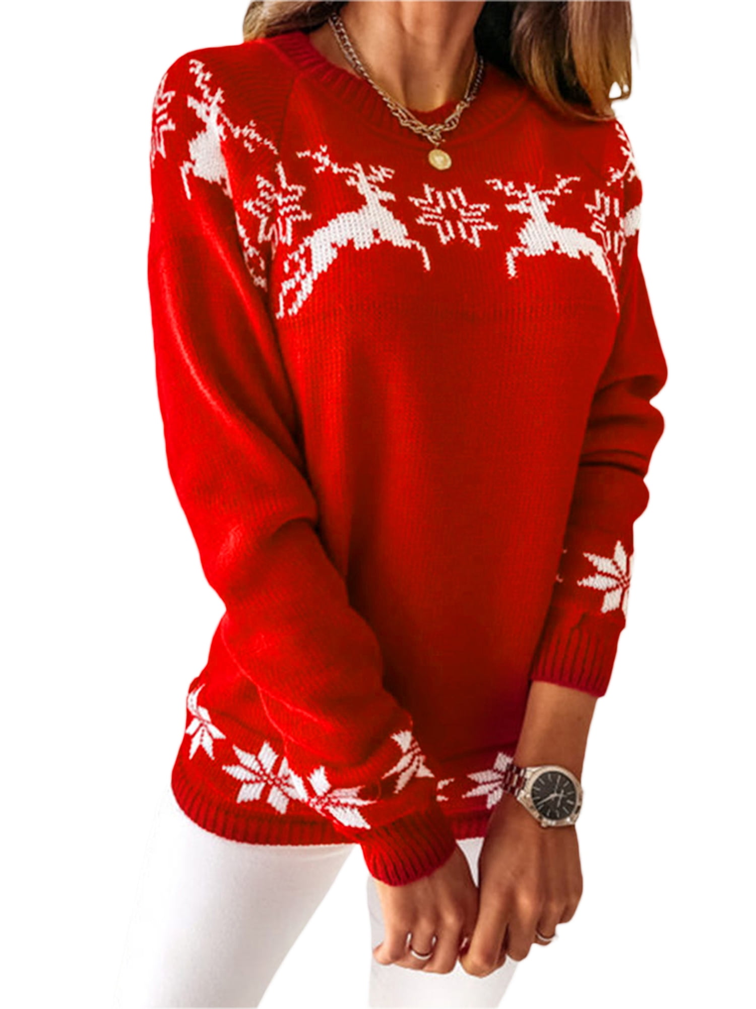 Musuos Women Christmas Sweaters Long Sleeve Elk Snowflake Print Knit ...