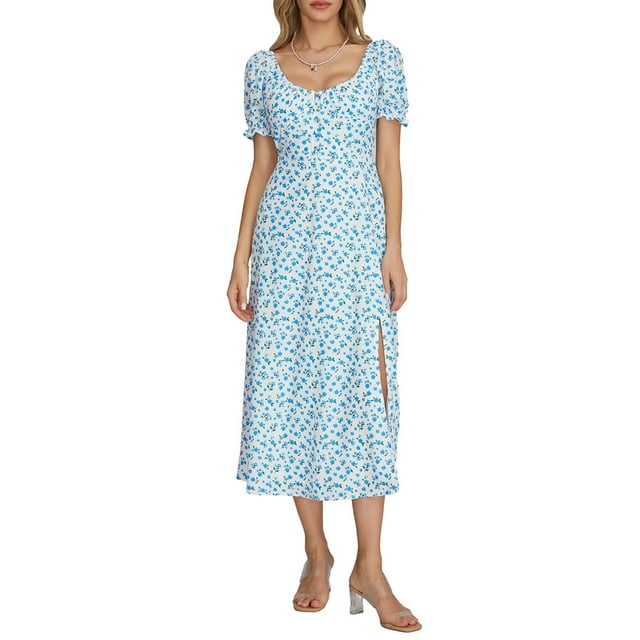 Musuos Women Floral Long Dress, Elegant Short Sleeve Low-Cut V Neck ...