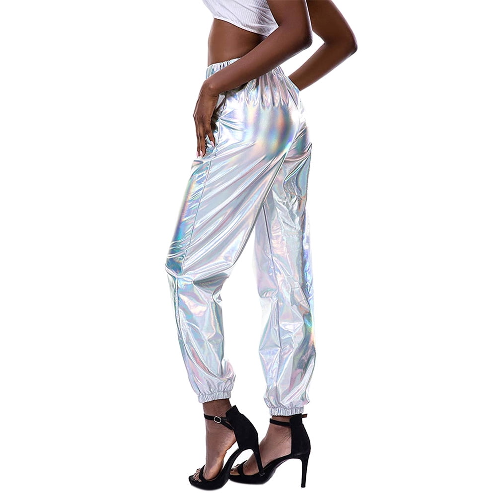 Musuos Women Shiny Metallic Jogger Pants, High Waist Stretchy ...