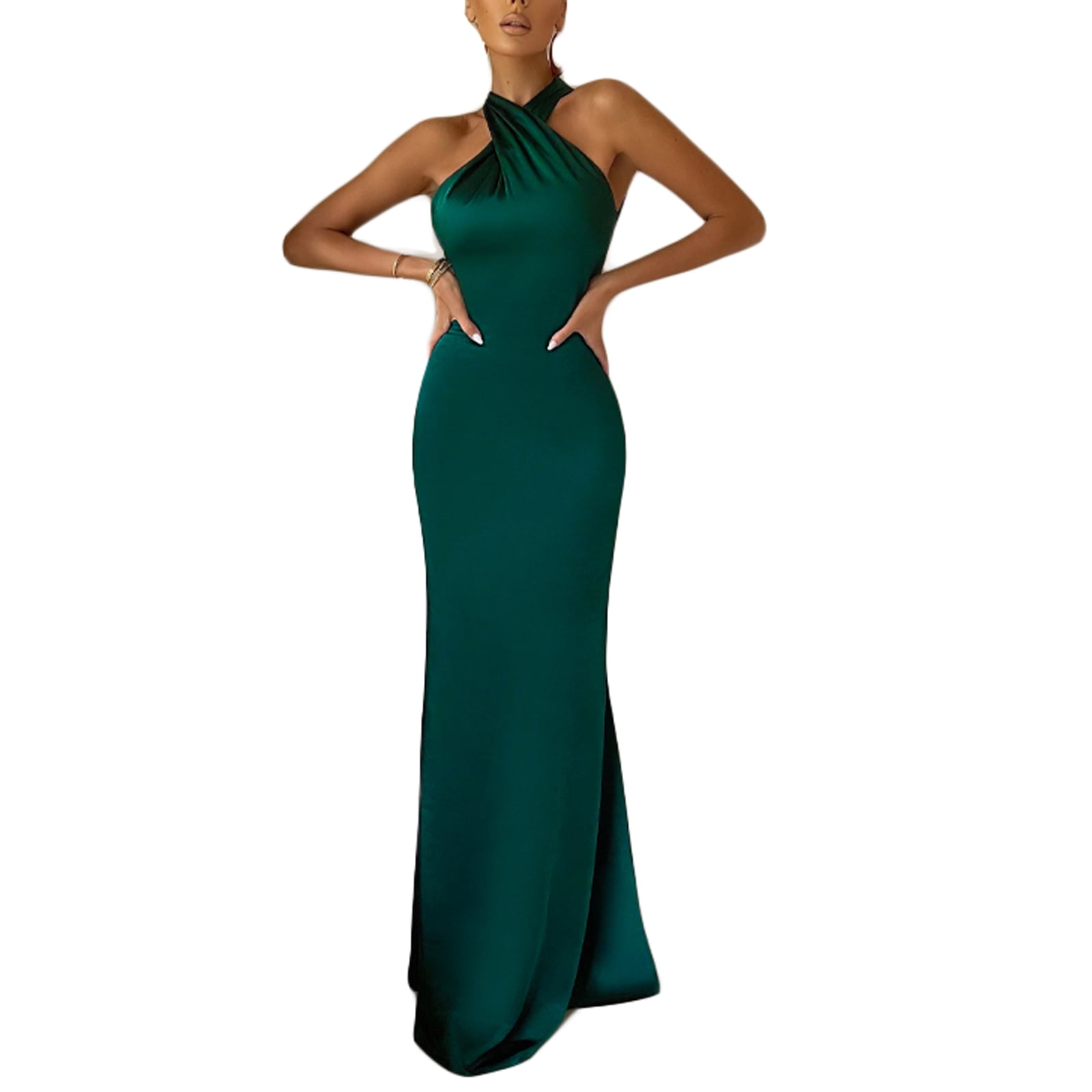 Musuos Women Solid Color Long Dress, Cross Halter Backless Ball Gown ...