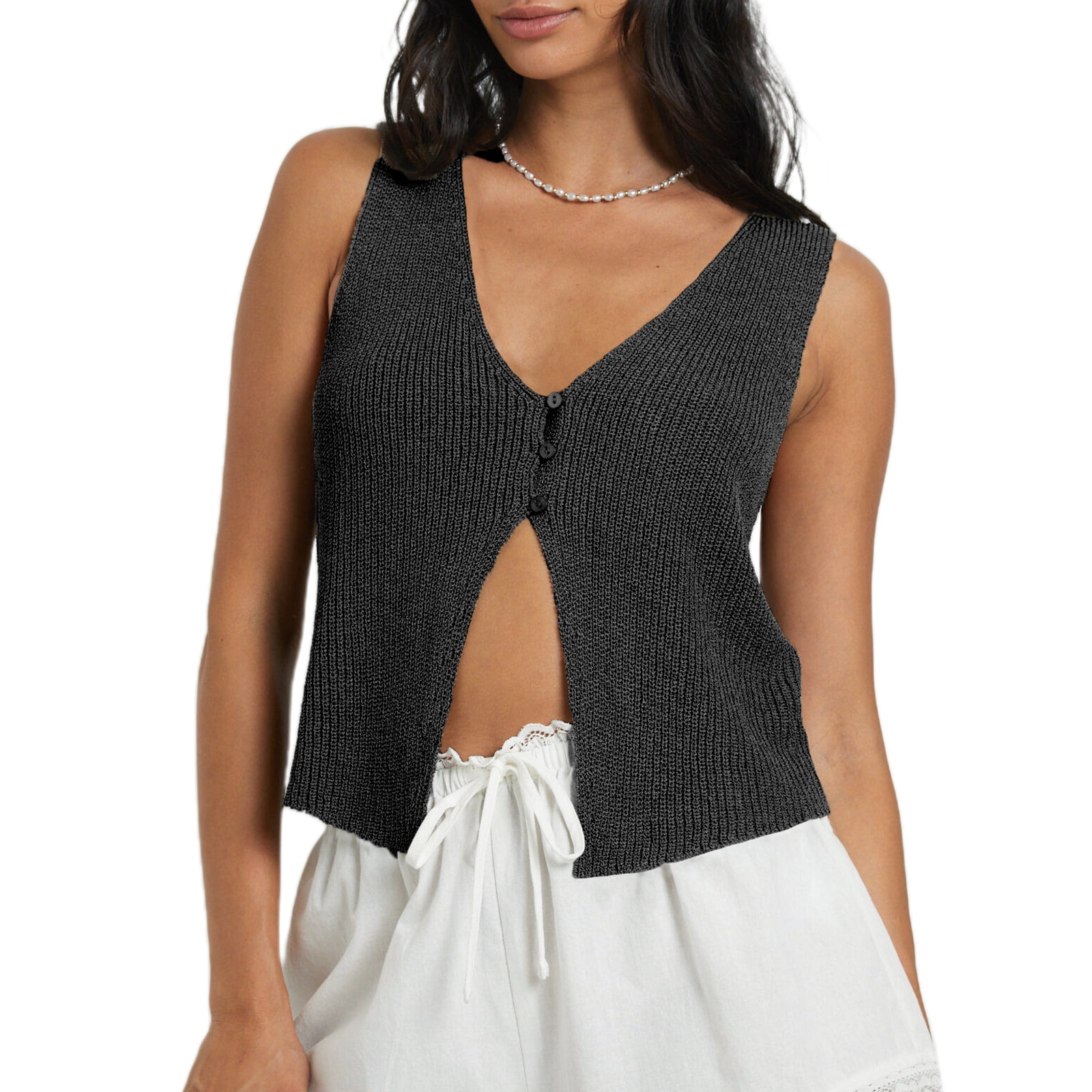 Musuos Women's Knitted Tank Tops Solid Color Sleeveless Deep V Neck ...