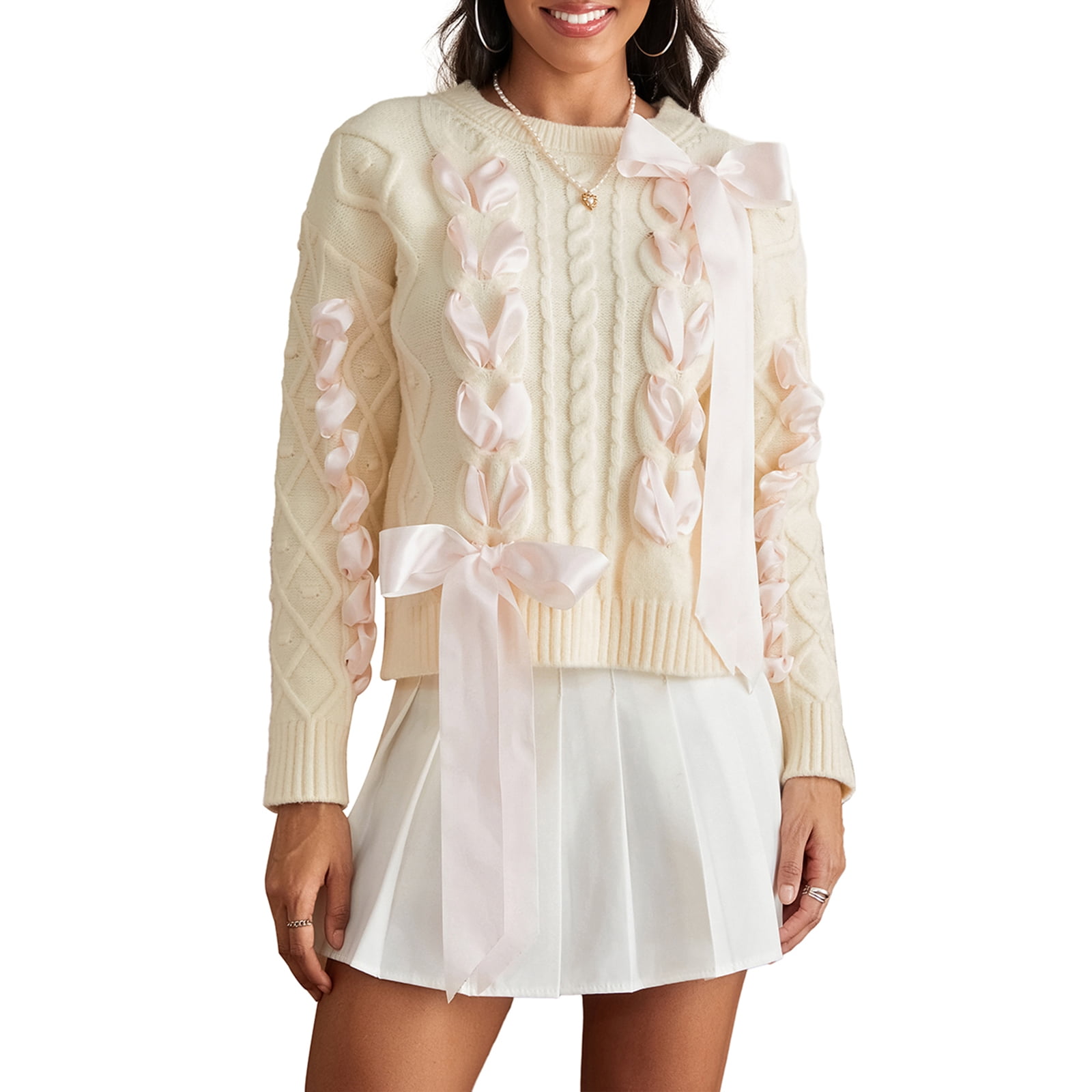 Musuos Women's Ribbon Sweater Sweet Long Sleeve Round Neck 3D Bow Cable ...