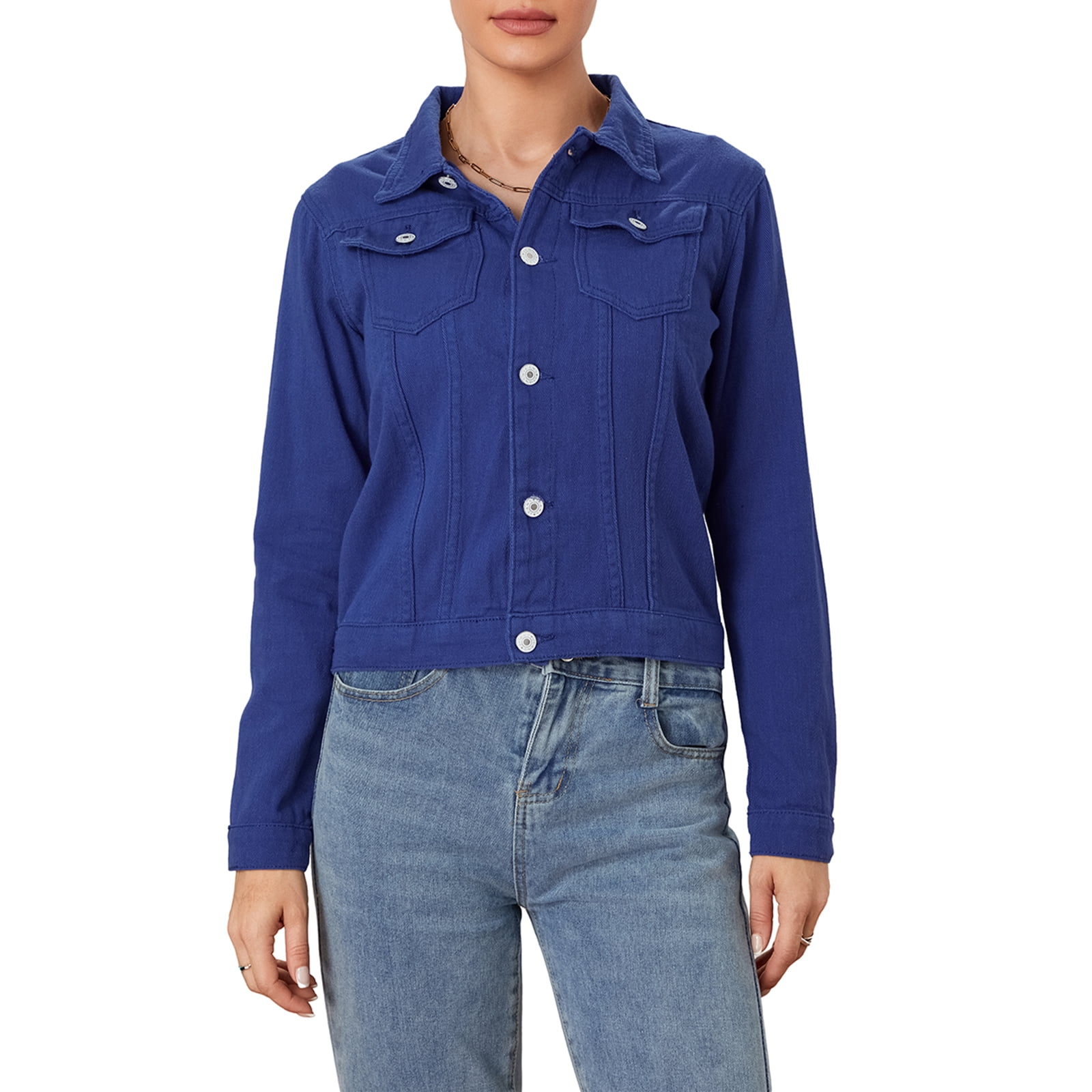 Musuos Women´s Solid Color Denim Jacket, Casual Long Sleeve Button Down ...