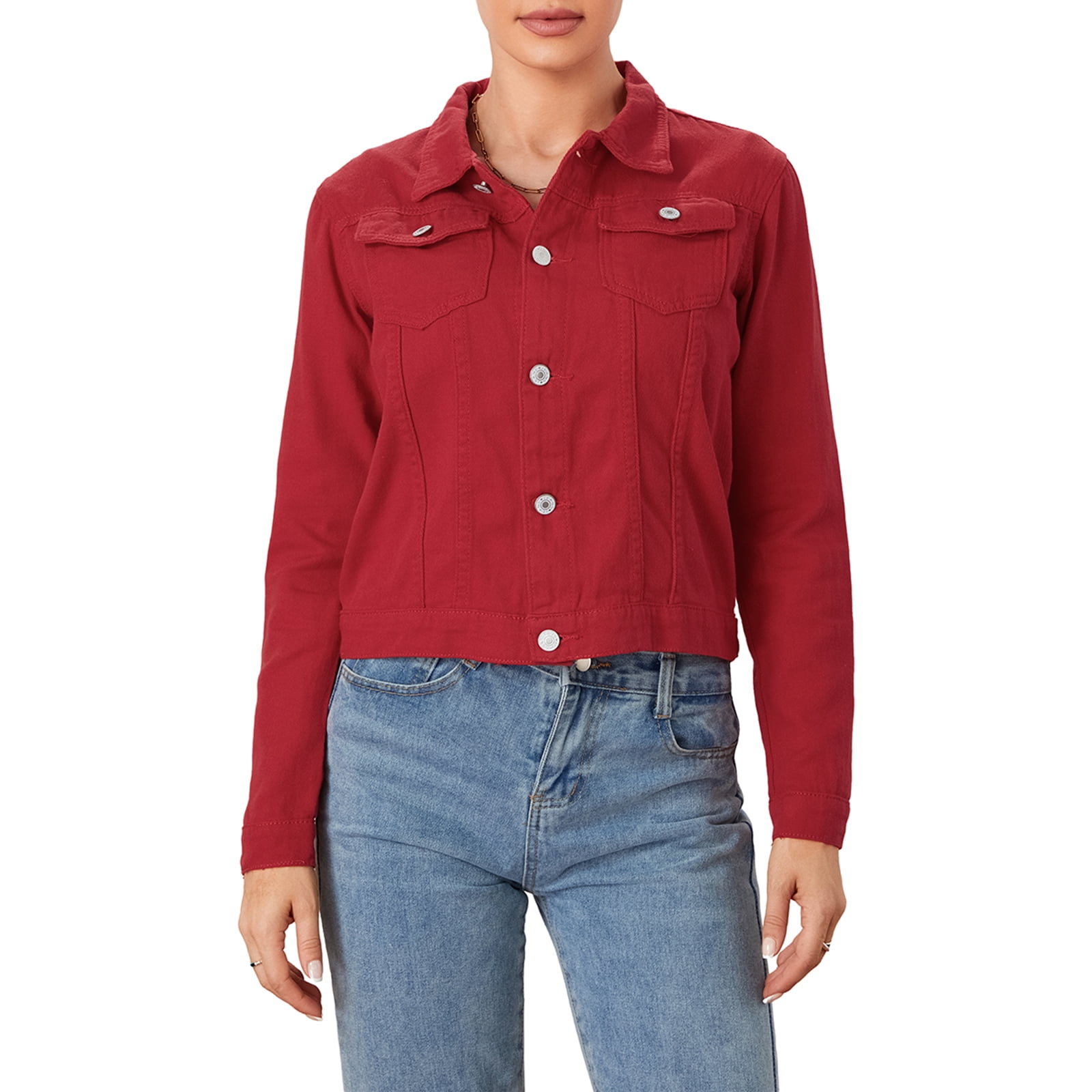 Musuos Women´s Solid Color Denim Jacket, Casual Long Sleeve Button Down ...