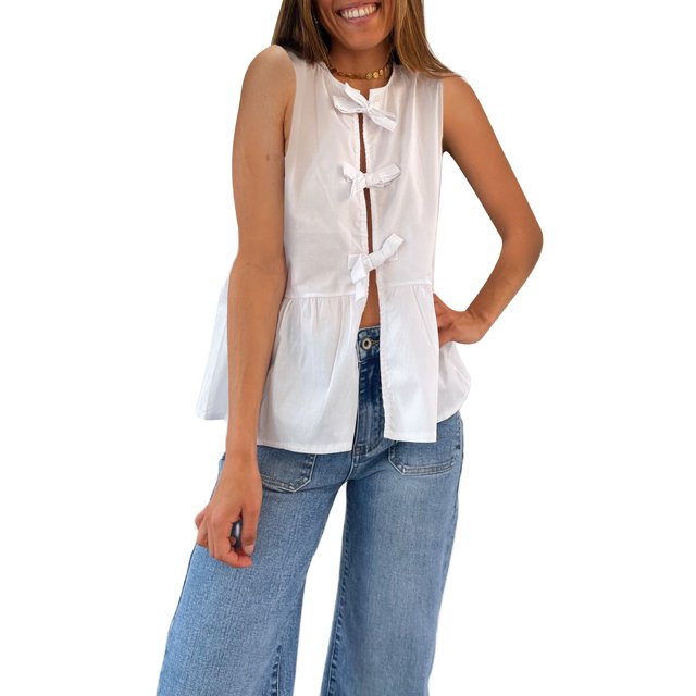 Musuos Women's Striped Tank Tops Casual Loose Round Neck Front Tie Up ...