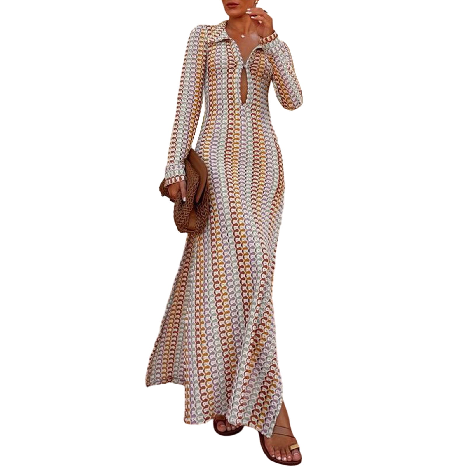 Musuos Women's Summer Crochet Long Dress Deep V-Neck Long Sleeve Slim ...