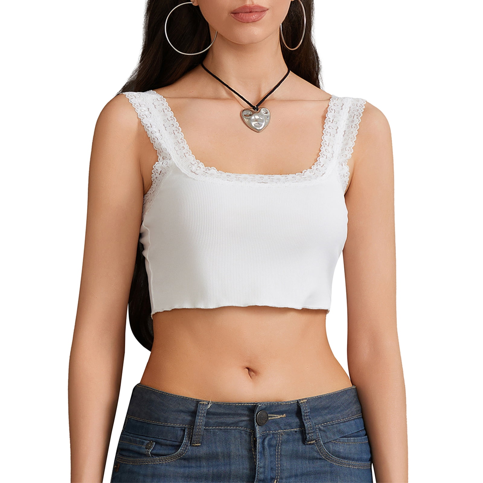 Musuos Women's Summer Crop Tank Tops Solid Color Lace Trim Square Neck ...