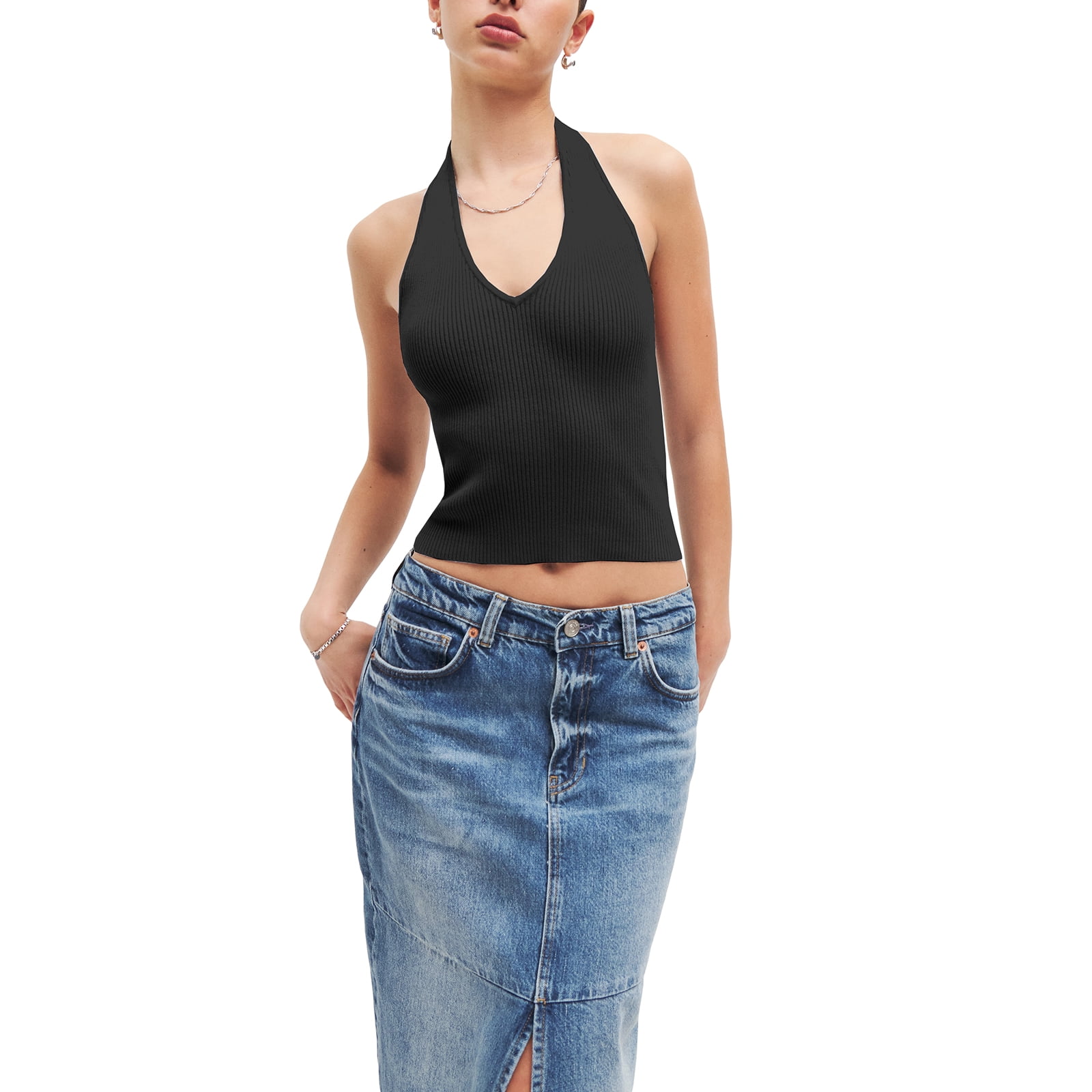 Musuos Women's Summer Solid Color V Neck Backless Halter Neck Ribbed ...