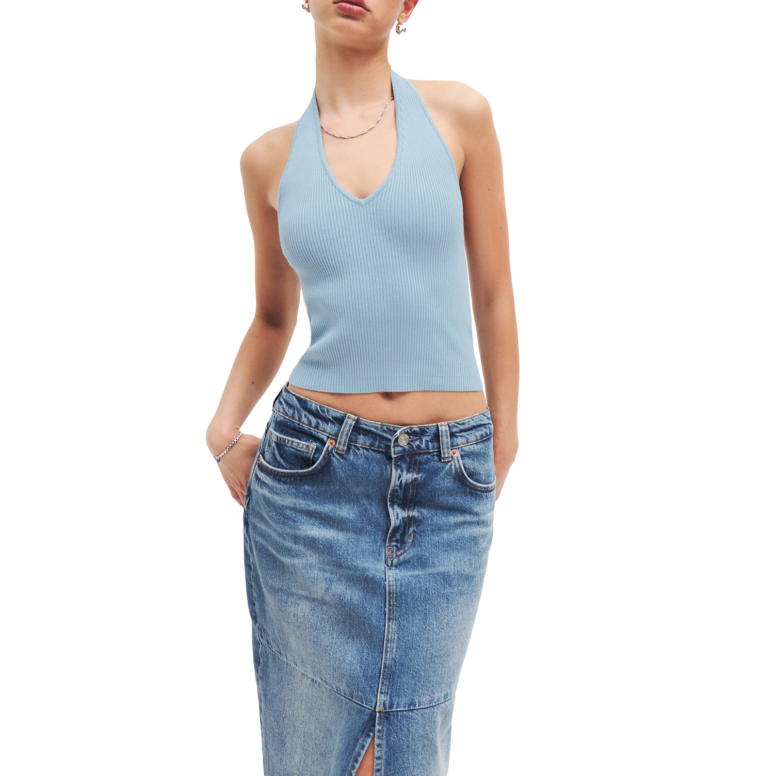 Musuos Women's Summer Solid Color V Neck Backless Halter Neck Ribbed ...