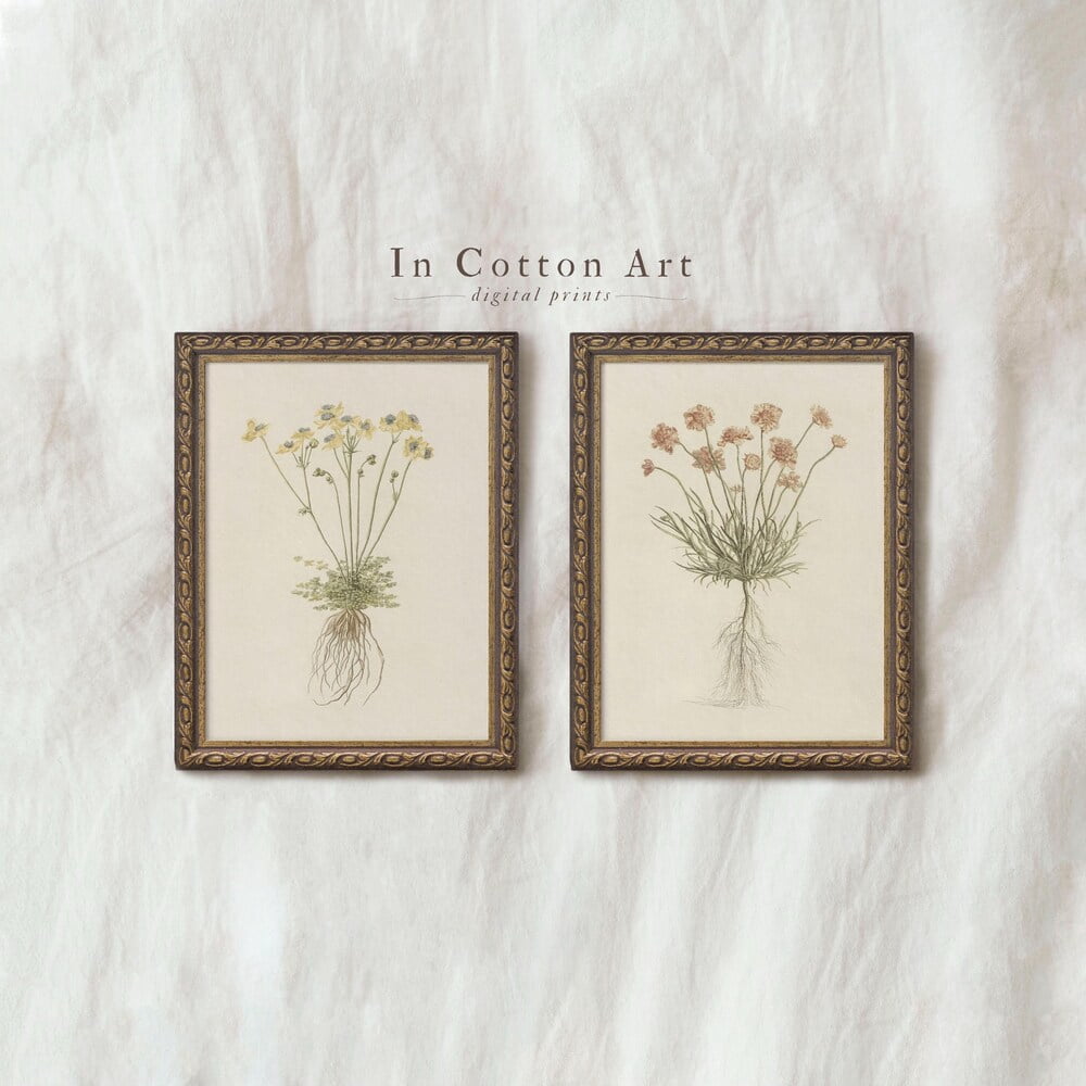 Muted Botanical Red Yellow Vintage Floral Minimal Wall Art Set 2 ...