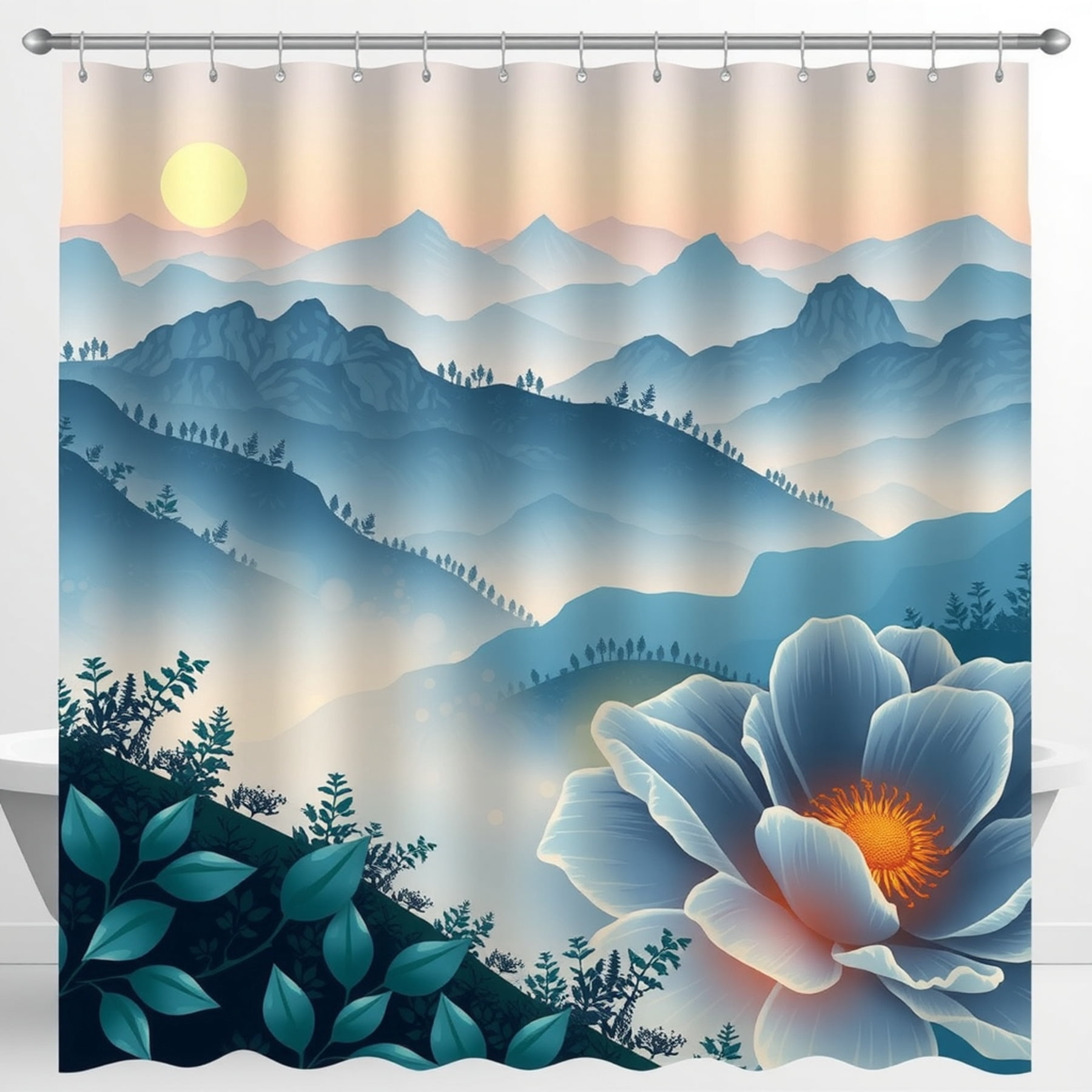 Muted Color Palette Shower Curtain with Pale Blue Flower & Mountain ...