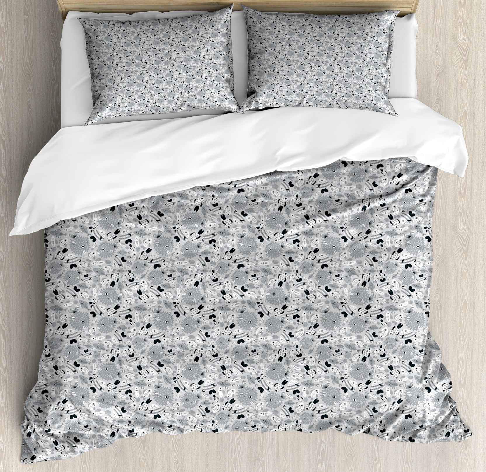Muted Colors Duvet Cover Set, Sea Fishes Swimming in the Ocean Bubbles ...