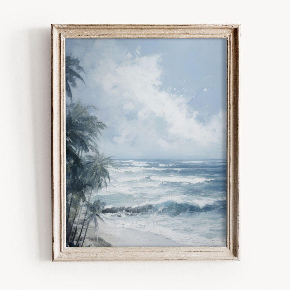 Muted Ocean, Serene Coastal Wall Art, Pale Blue Waves & Palm Trees ...