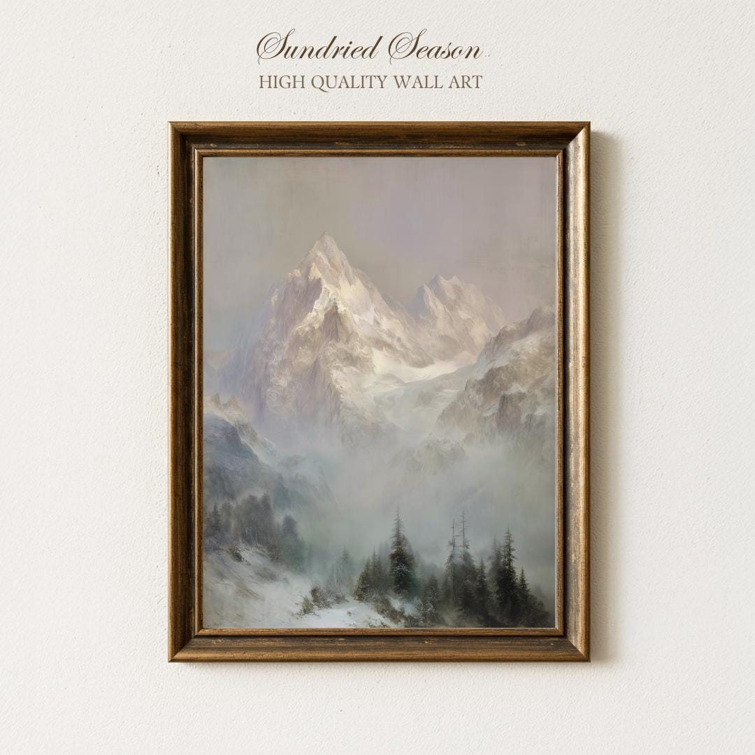 Muted Winter Mountain Landscape Poster, Serene Foggy Forest And Snow ...