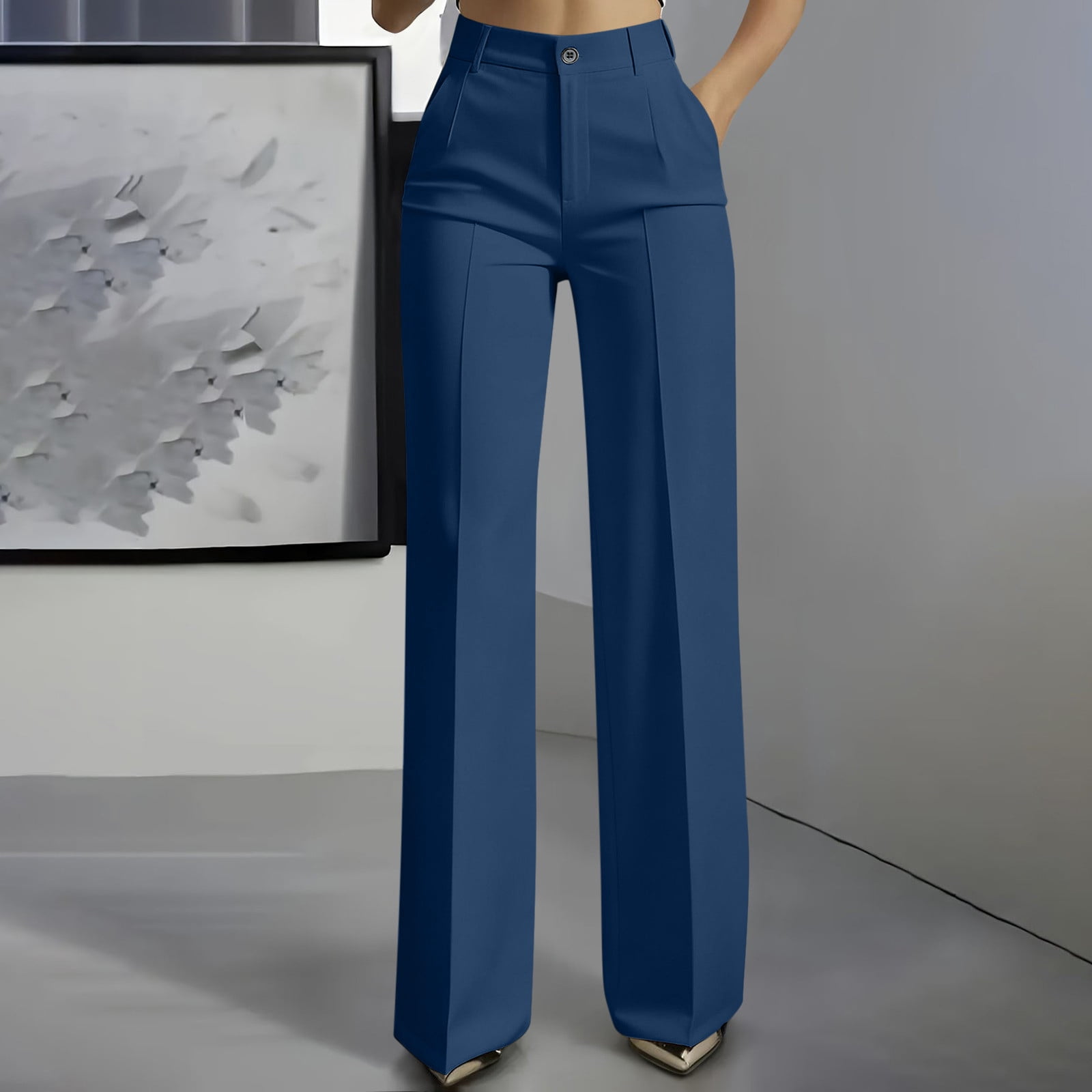 Mutghys Women's Dress Pants Solid Color High Button Waist Straight Leg ...