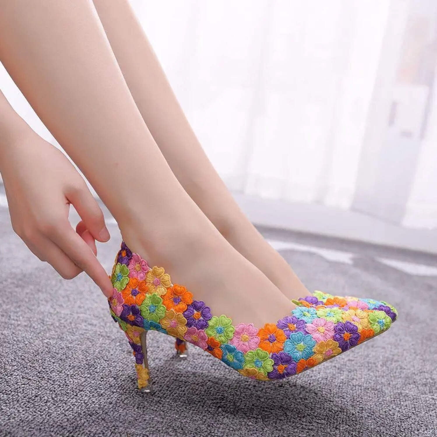 Mutilcolor Lace Wedding Shoes 7CM High Heels Big Size Sweet Pumps ...