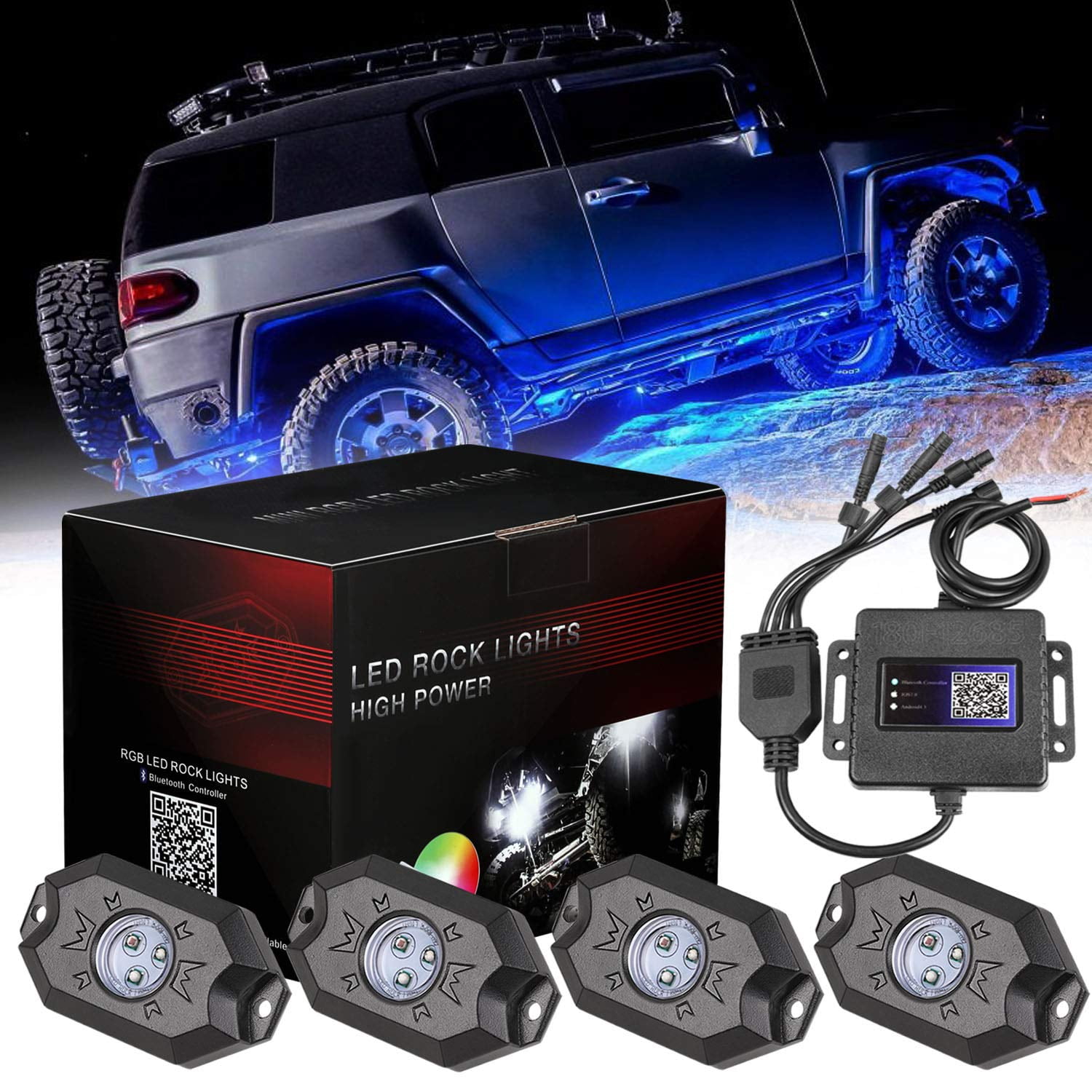 Muto-Beam RGB LED Rock Lights, 4 RGB LED Pods Multicolor Neon Rock Light Kit with Bluetooth ...