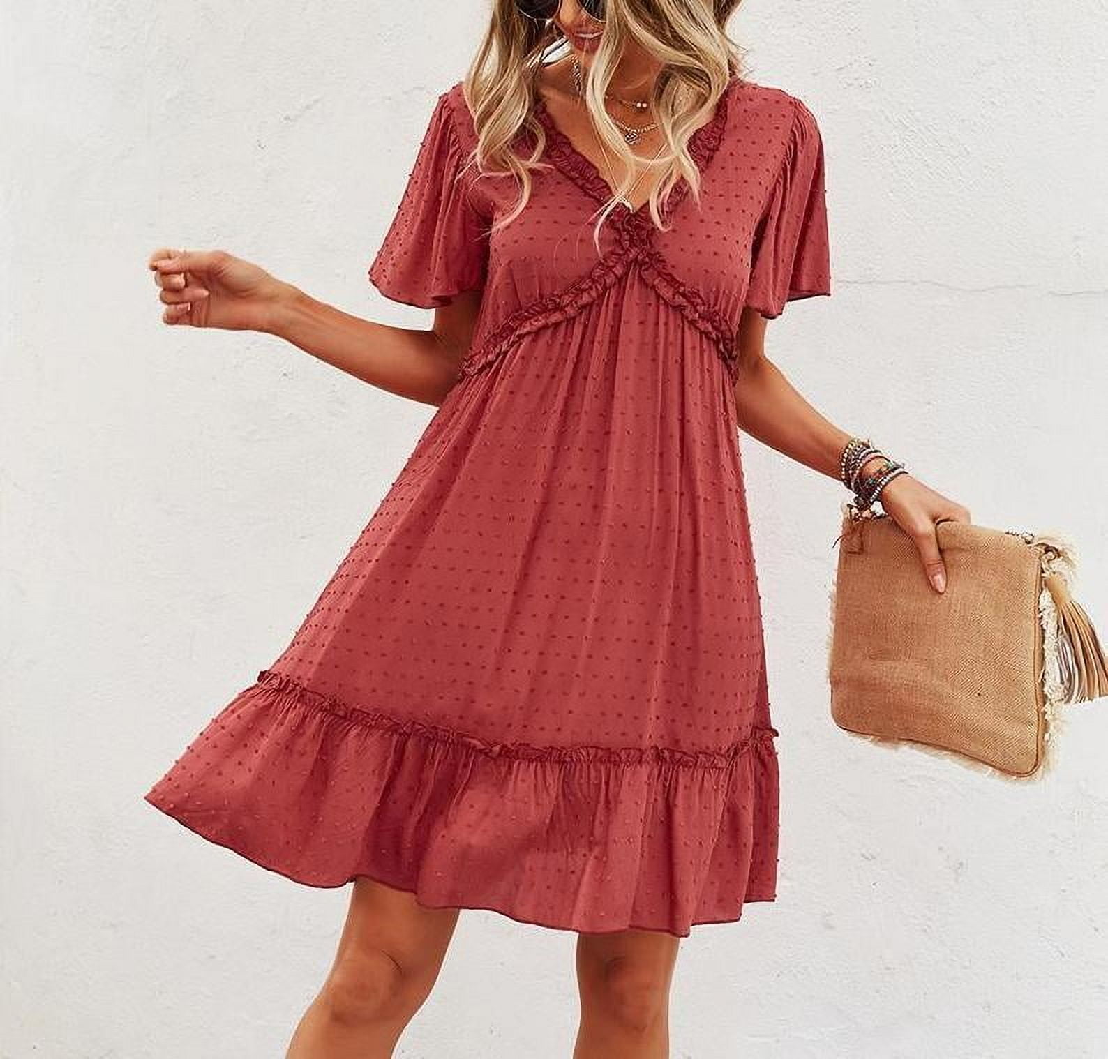 Mutural Summer Beach Dress Ladies Short Sleeve Solid Color Purfle Lace ...