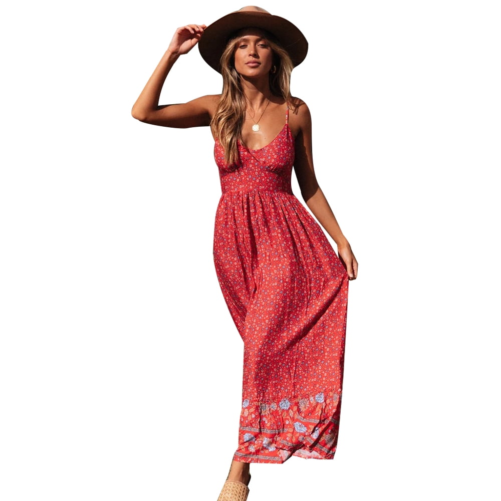 Mutural Women Summer Boho Beach Spaghetti Strap Maxi Sundresses V-Neck ...