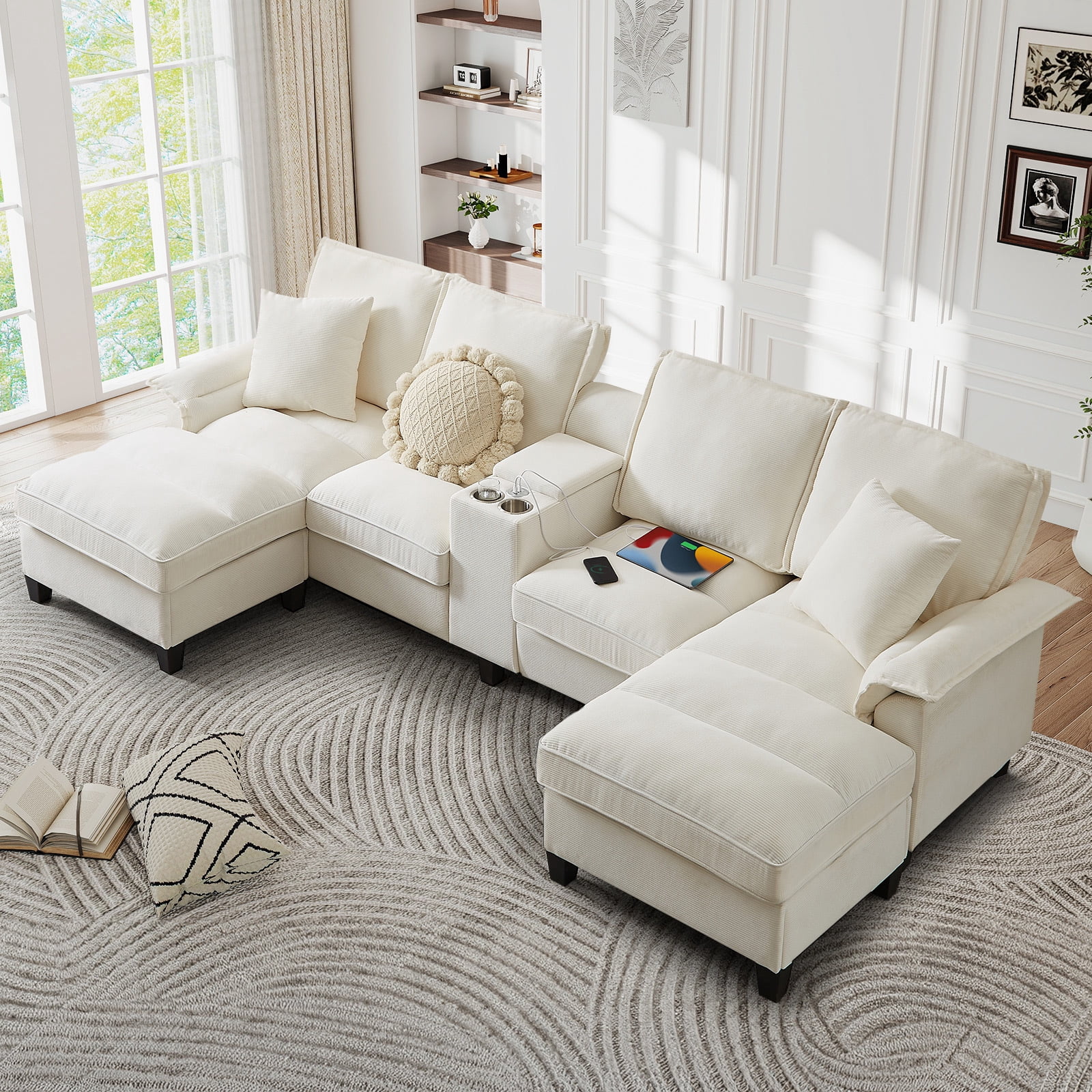 Muumblus 120" U-Shaped Sectional Sofa with USB & Storage, Living Room 4 ...