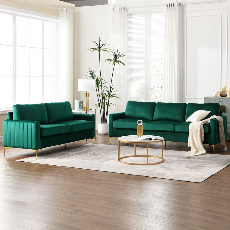 Muumblus 2 Pieces Velvet Living Room Sets Modern 2 Seater Loveseat Sofa and 3 Seater Sofa Couch Green